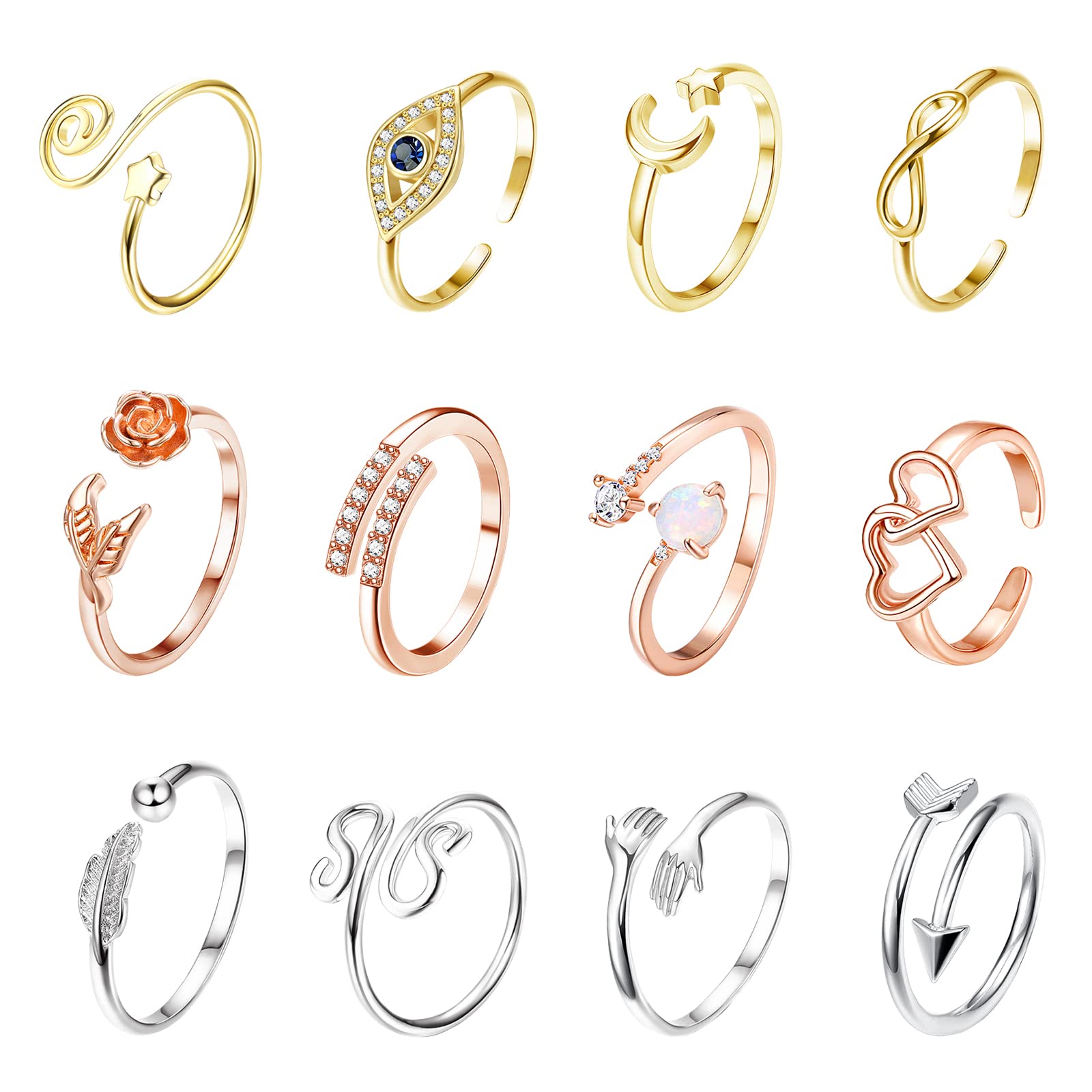 Kakonia 12Pcs Adjustable Rings for Women Knuckle Rings Evil Eye Arrow Wave Knot Cute Star Moon Flower Open Rings Set Stackable Thumb Joint Finger Rings