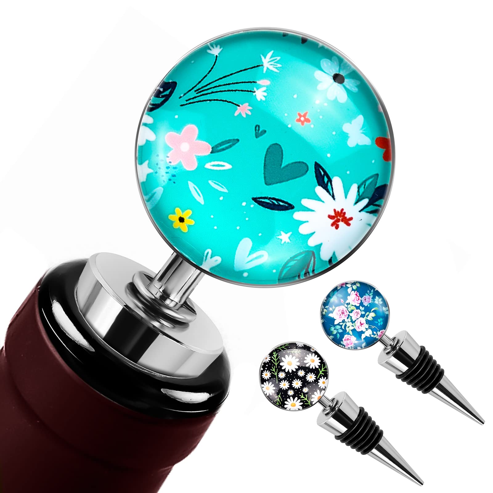 Ohok Wine Stoppers for Bottles,3 Pcs Stainless Steel Wine Stoppers with Decorative Glass for Wine Collection Red Wine Champagne Beer Saver Sealer (Flowers B)