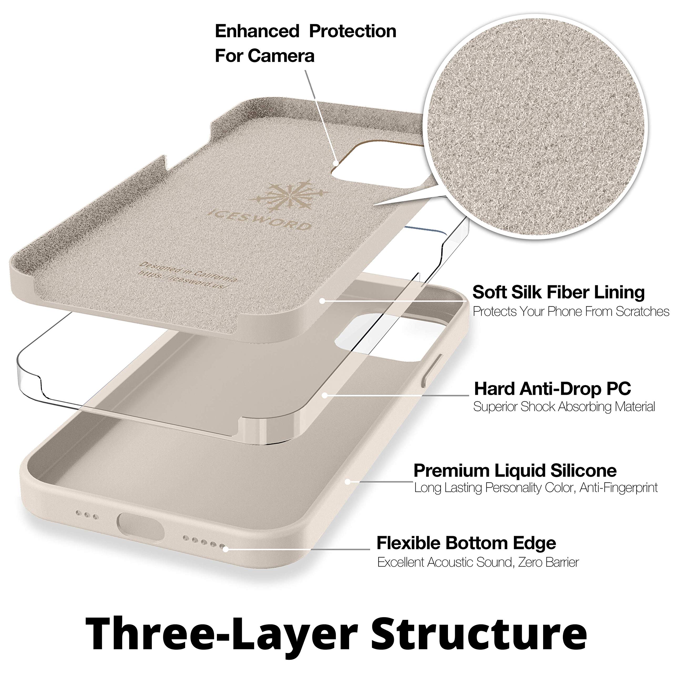 IceSword iPhone 12 Case and iPhone 12 Pro Case 6.1” (2020),Liquid Silicone Case Cover, Soft Microfiber Cloth,Matte Light Beige Tan Cream Warm Sand Pearl Cute,Gel Rubber Drop Protective 12/12P - Stone