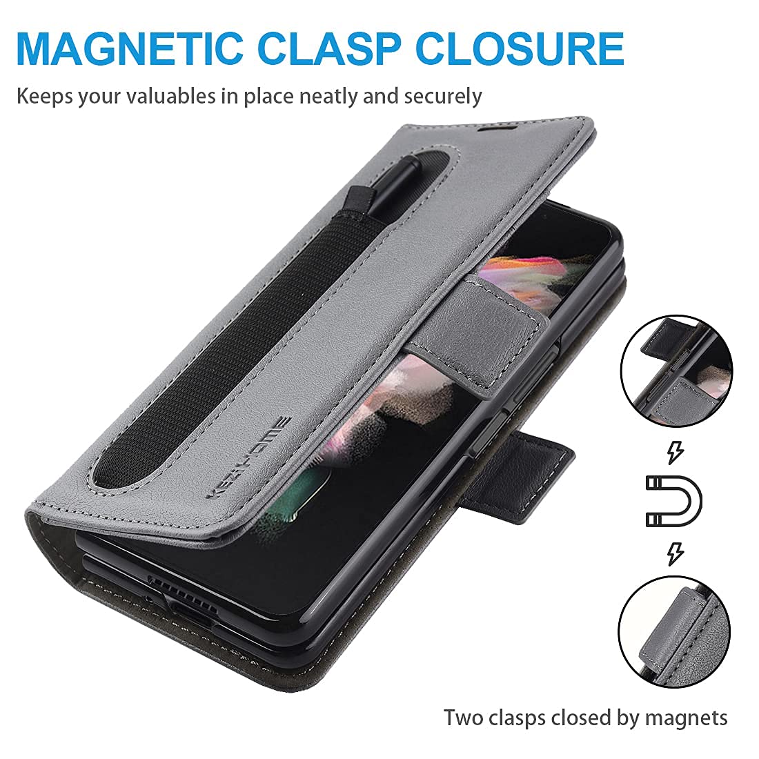 KEZiHOME for Samsung Galaxy Z Fold 3 Wallet Case with S Pen Holder, PU Leather [RFID Blocking] Card Slots Kickstand Flip Phone Cover Case Compatible with Galaxy Z Fold 3 5G (2021) (Gray)