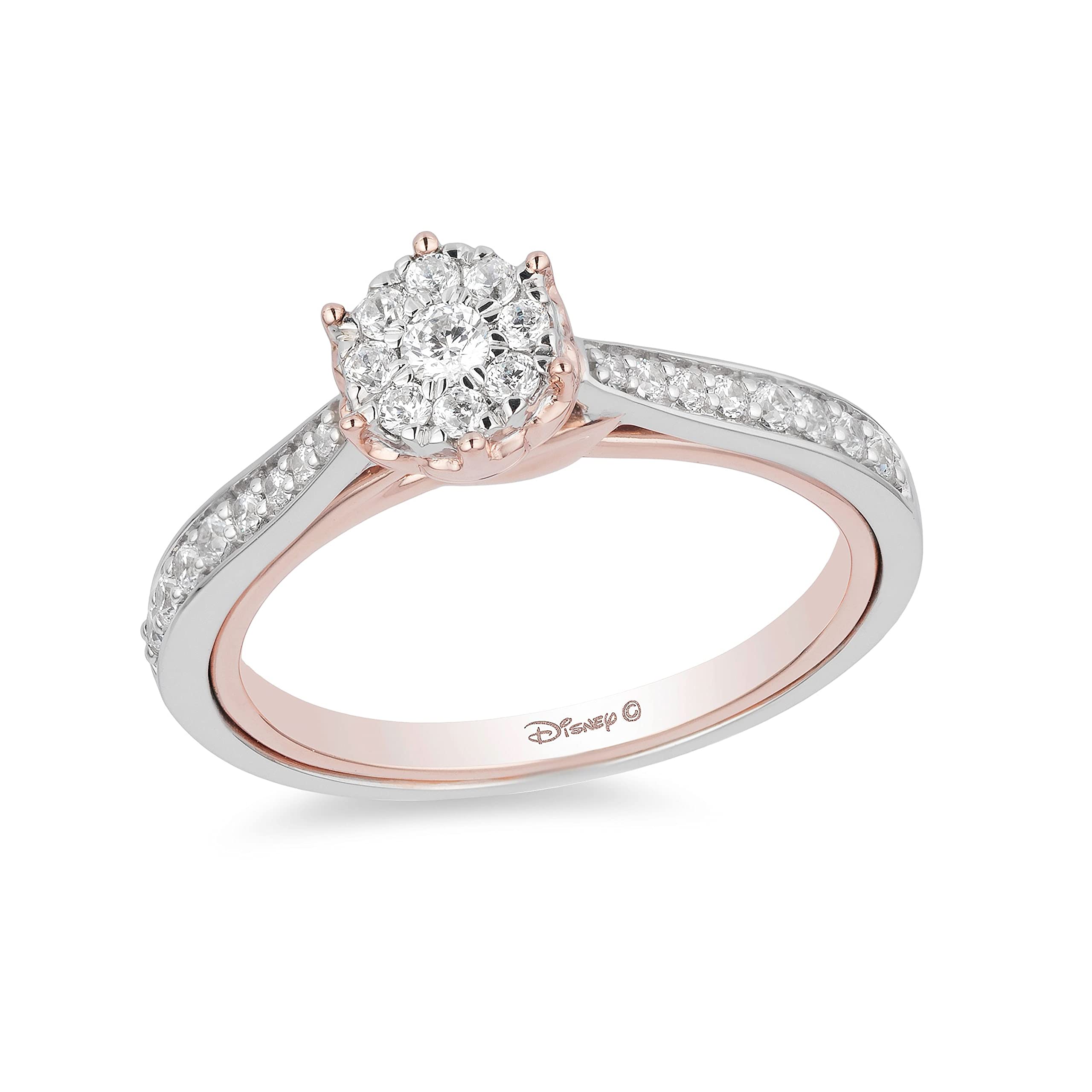 Jewelili Enchanted Disney Fine Jewelry 10K White Gold and Rose Gold 1/3 Cttw Diamond Belle Composite Rose Engagement Ring