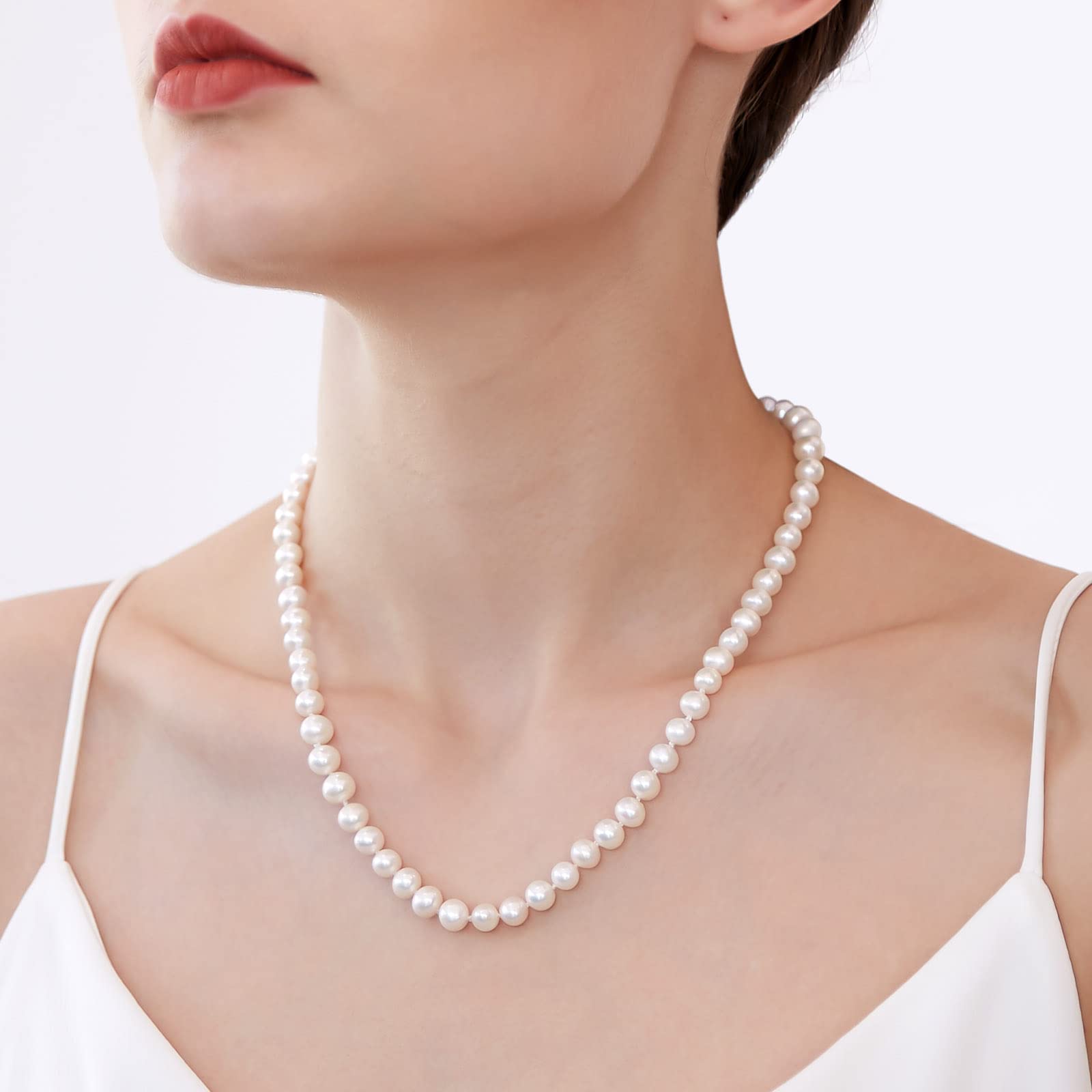 LANE WOODS Single Strand Pearl Necklace for Women (18 inch, 8-9mm)