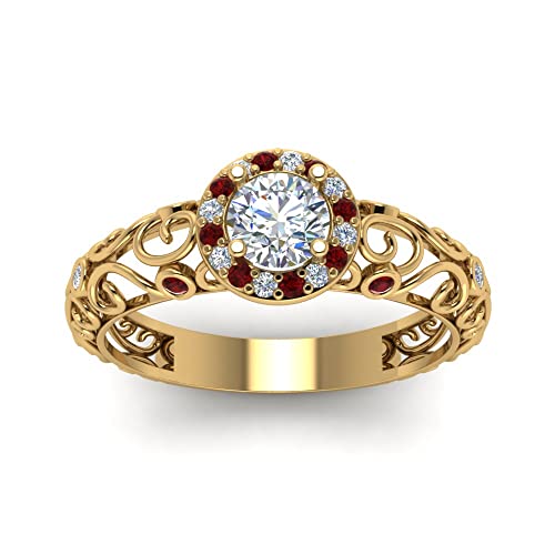 Jewelryonclick Dome Filigree Halo Diamond Ring Yellow Gold Plated Created Ruby Round Shape Red Color Vintage Engagement Rings Bezel Setting in Size 11 Handcraft Chakra Healing