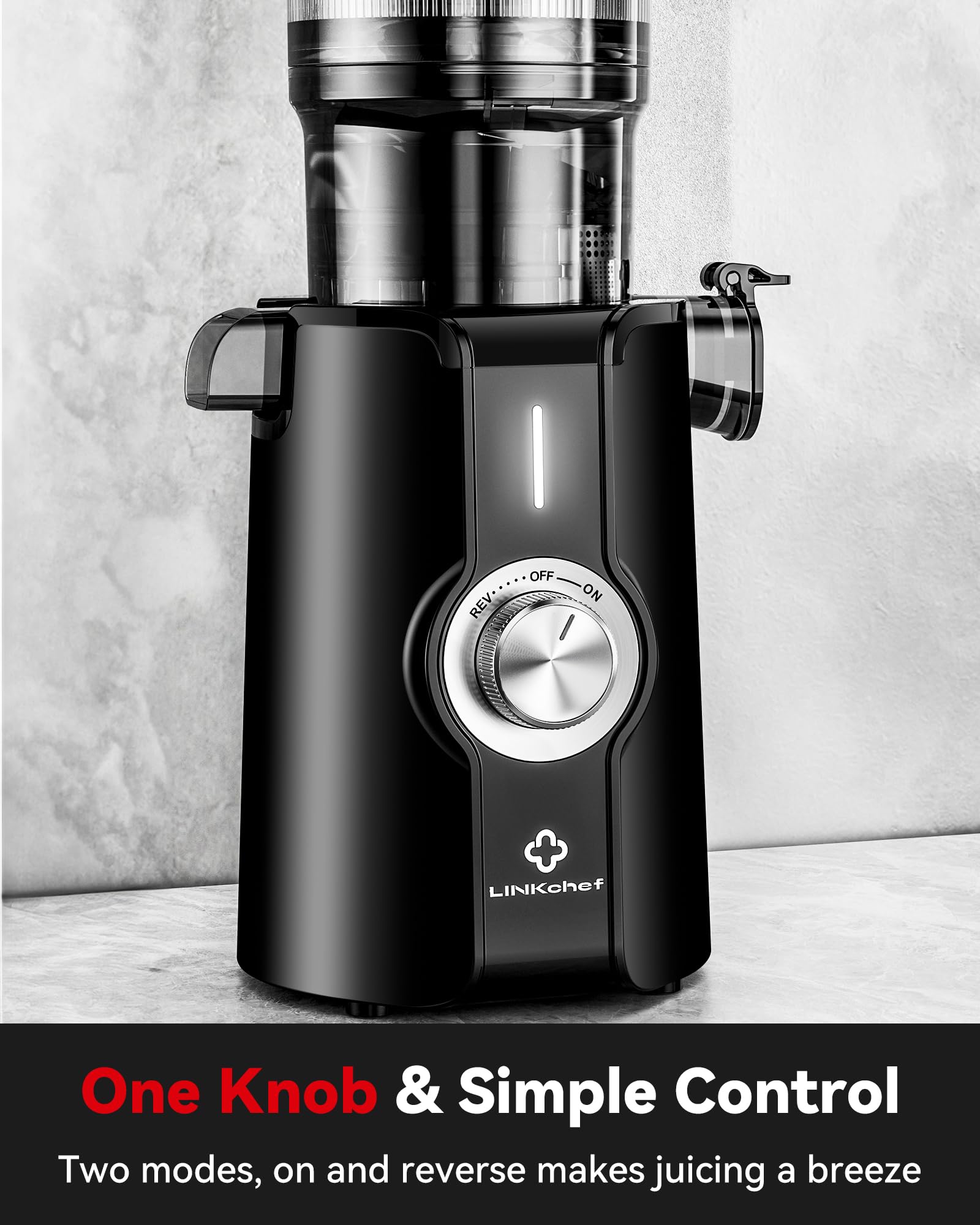 Rush Clear Slow Masticating Juicer Machines, Cold Press Juicer with No-Prep 4.35" Feed Chute Fit Whole Fruits & Vegetables Juicer Machine Easy to Clean, LINKChef 42oz Capacity, 200w, Blackout