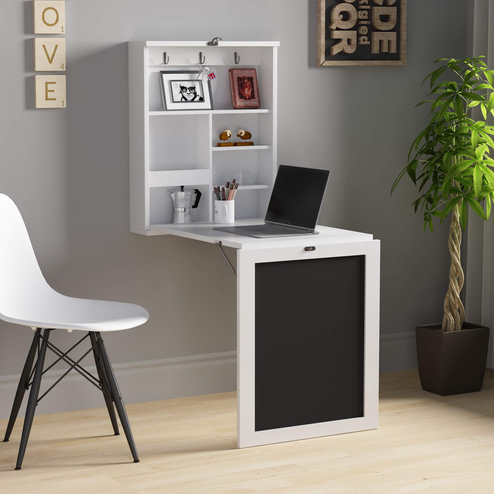 JAXSUNNY Modern Space-Saving Fold Out Convertible Floating Compact Wood Wall-Mounted Folding Desk with Multiple Storage Compartments for Home and Office,Blackboard, White and Black