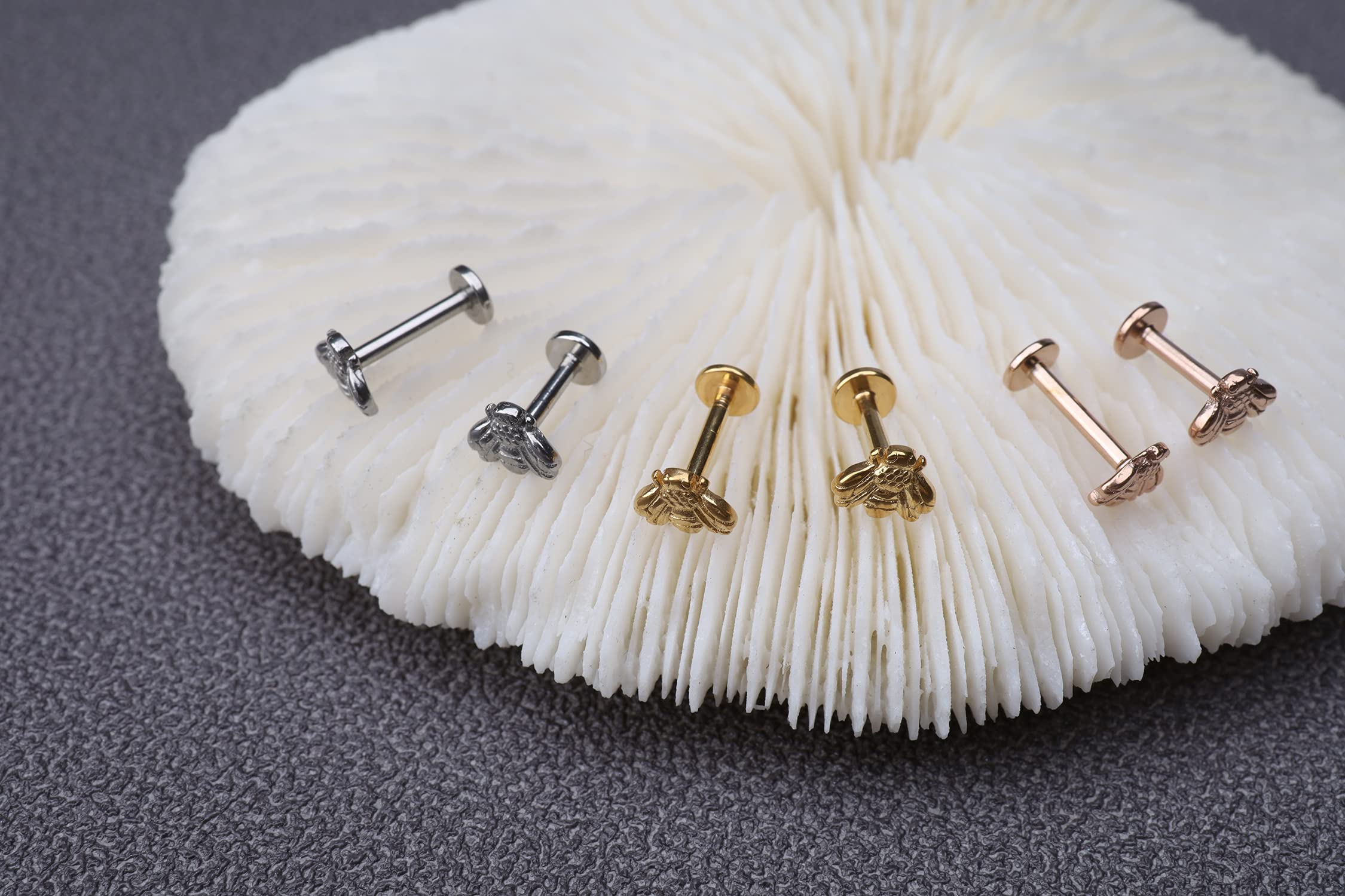 JINSAWW 16G Bee Internally Threaded Labret Stud Stainless Steel Ear Cartilage Helix Tragus Conch Flat Back Piercing Stud Body Jewelery