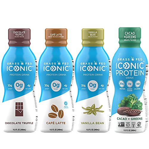 Iconic Protein Drinks, Sample Pack (4 Flavors) - Low Carb Protein Shakes - Lactose-Free, Gluten-Free, Protein Drink - Keto Friendly