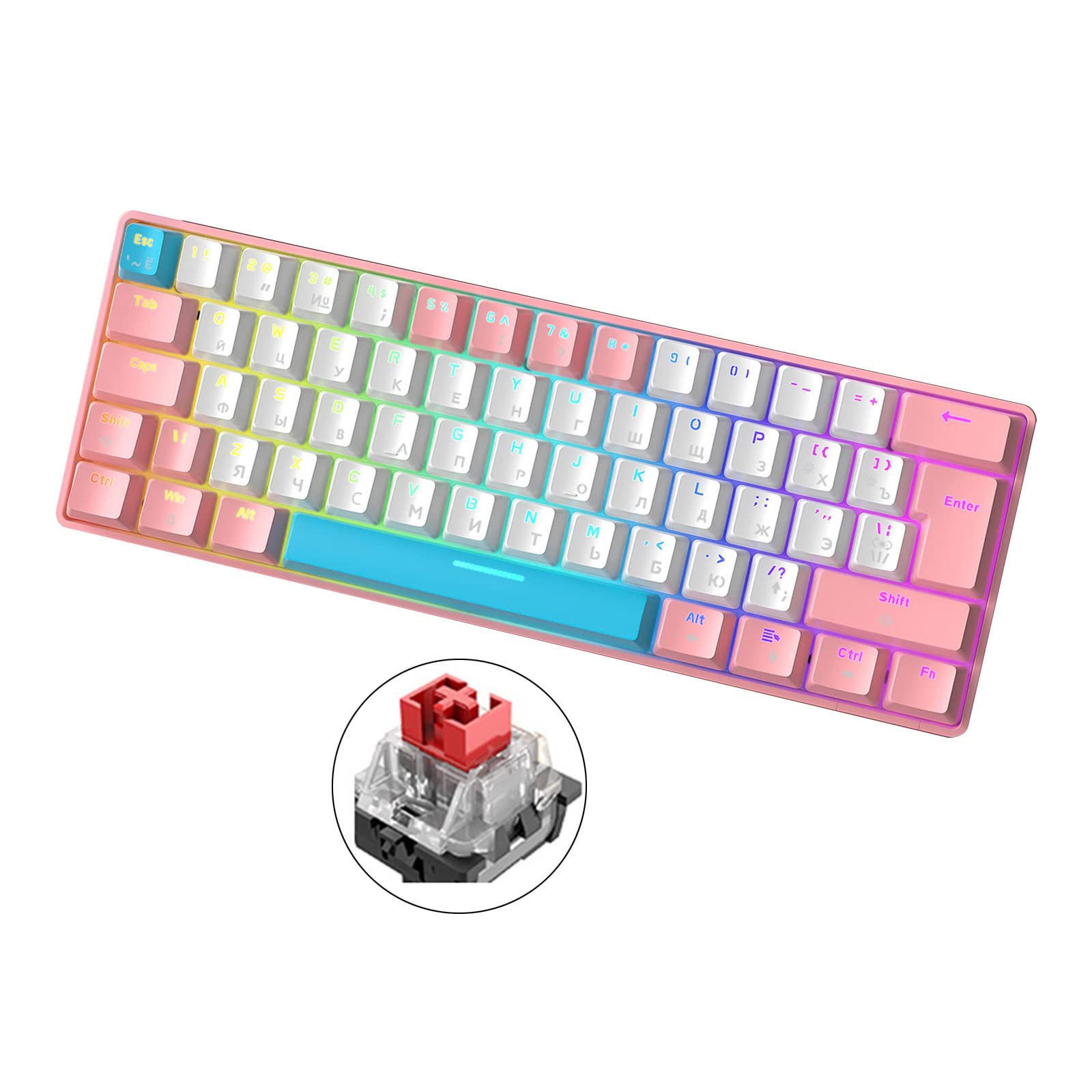Russian Wired Mechanical Gaming with Rainbow Backlit 62Key NKRO Ergonomics Keyboards for PC/Win Gamer red Blue Switch