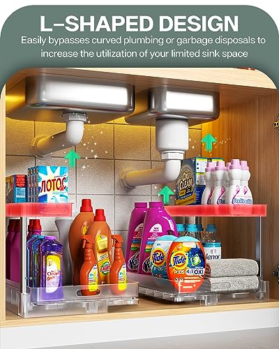 Under Sink Organizer and Storage with Under Sink Tray, 2 Tier Sliding Under Sink Shelf, L Shaped Pull Out Cabinet Basket Organizer, Slide Out Organizer Rack for Bathroom, Kitchen, 2 Pack, Clear