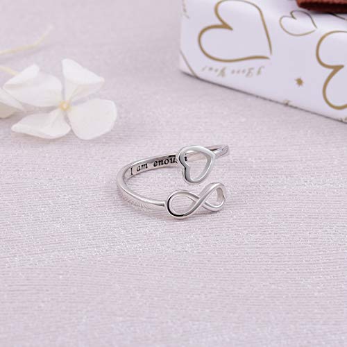 Jinlou 925 Sterling Silver Infinity Ring Inspirational Personalized Adjustable Rings Birthday Graduation Gift for Women Teen(I Am Enough)