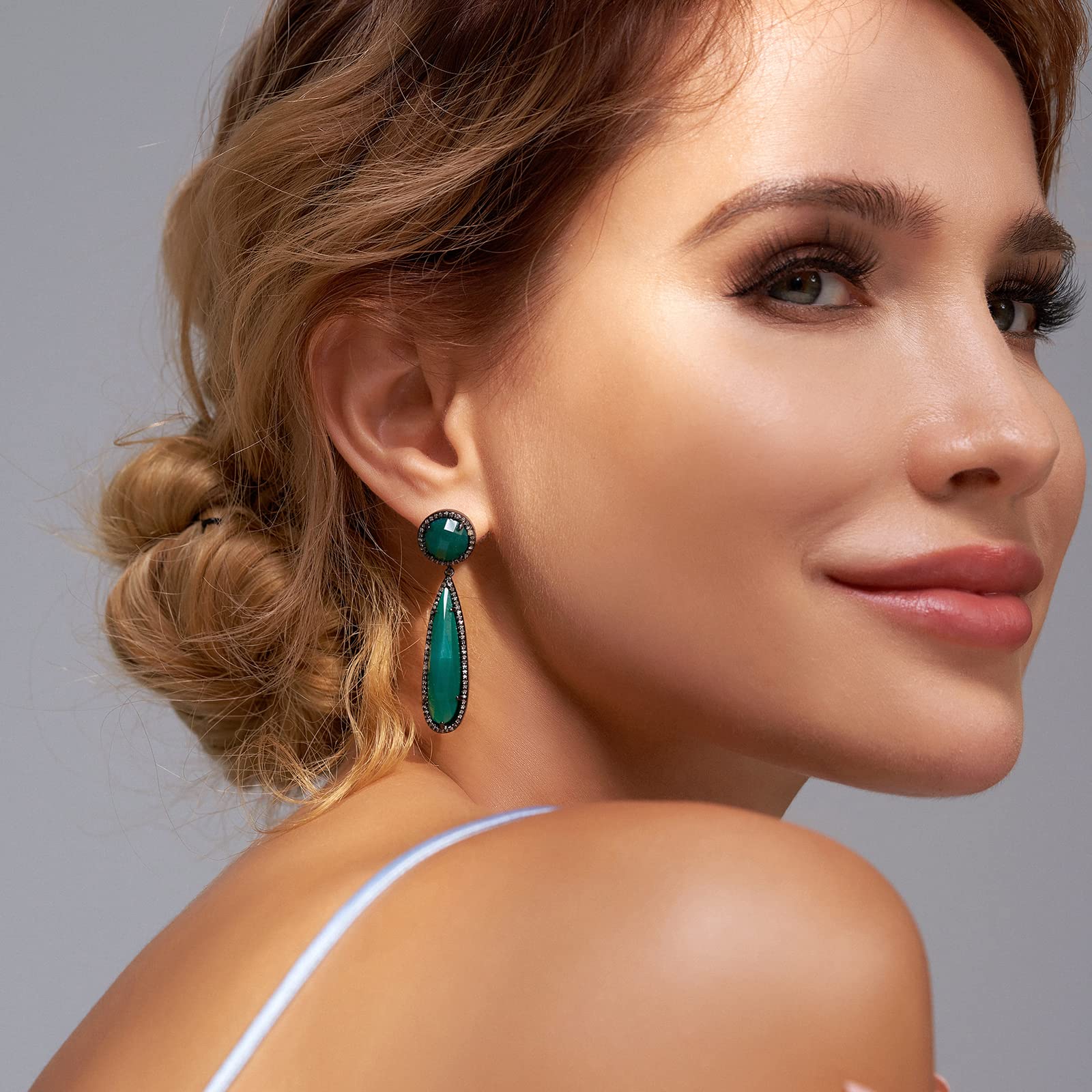 Jupiter Teardrop Green Agate Earrings,Black Ruthenium Plated Genuine Gemstone Waterdrop Earrings with Cubic Zirconia for Woman, Brass, green agate