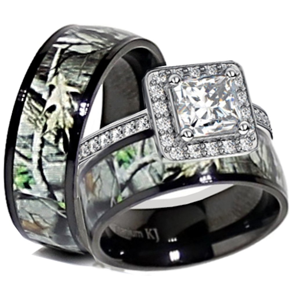 His & Her Black Titanium Camo Sterling Silver Halo Engagement Wedding Ring Set (Size His 10, Hers 09)