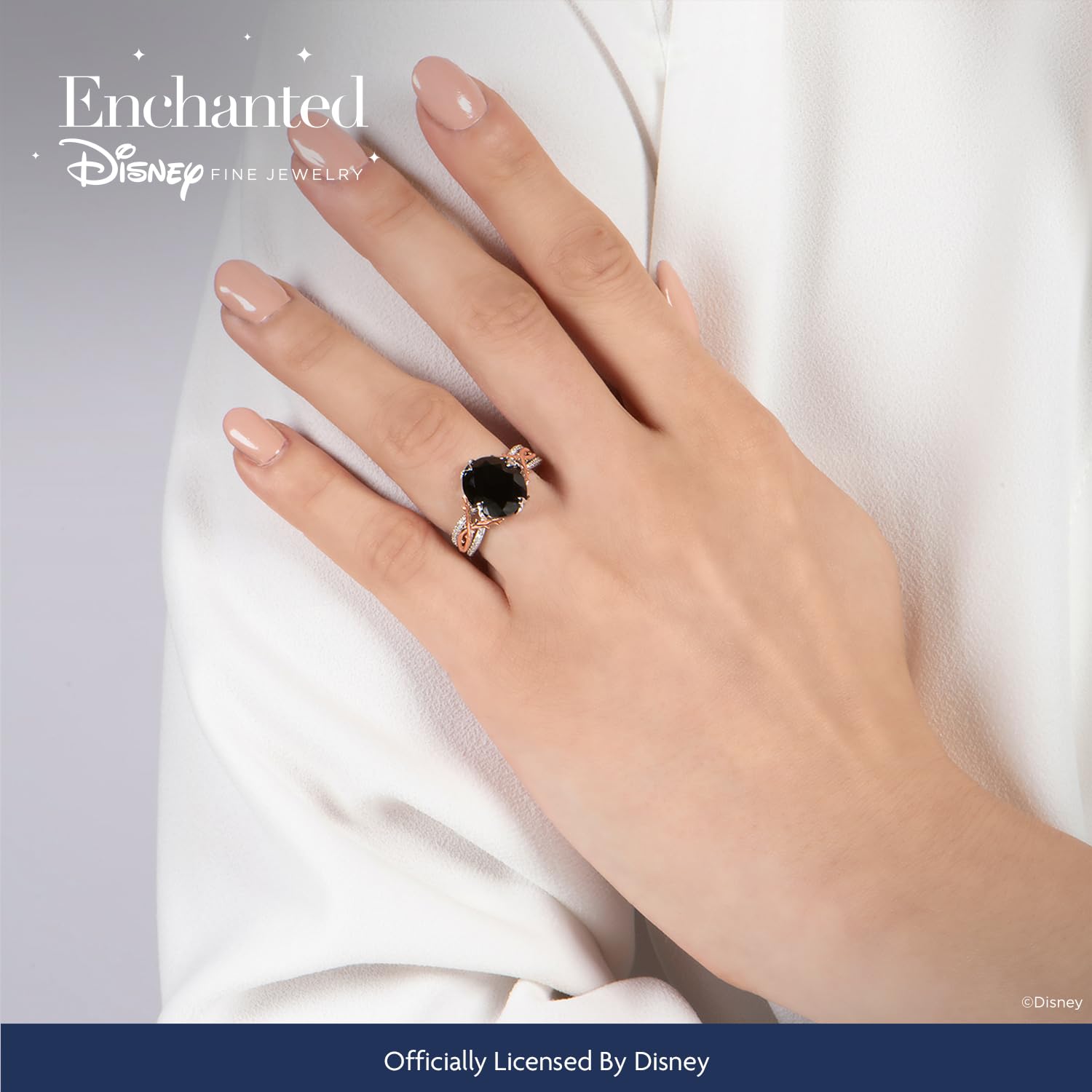 Jewelili Enchanted Disney Fine Jewelry Sterling Silver and 10k Rose Gold 1/10 Cttw Diamond and Black Onyx Maleficent Ring Size 6