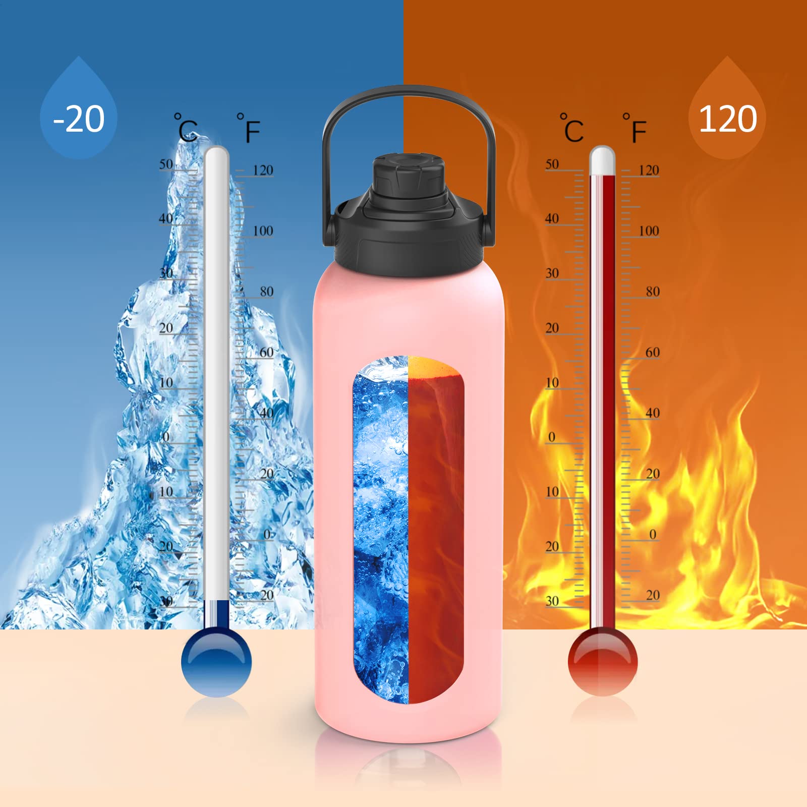 Kodrine Glass Water Bottles with Straw, 32 oz Water Bottle with 2 Lids - Handle Spout Lid & Bamboo Straw Lid, Silicone Sleeve, Wide Mouth, Leakproof, BPA Free(Amber)