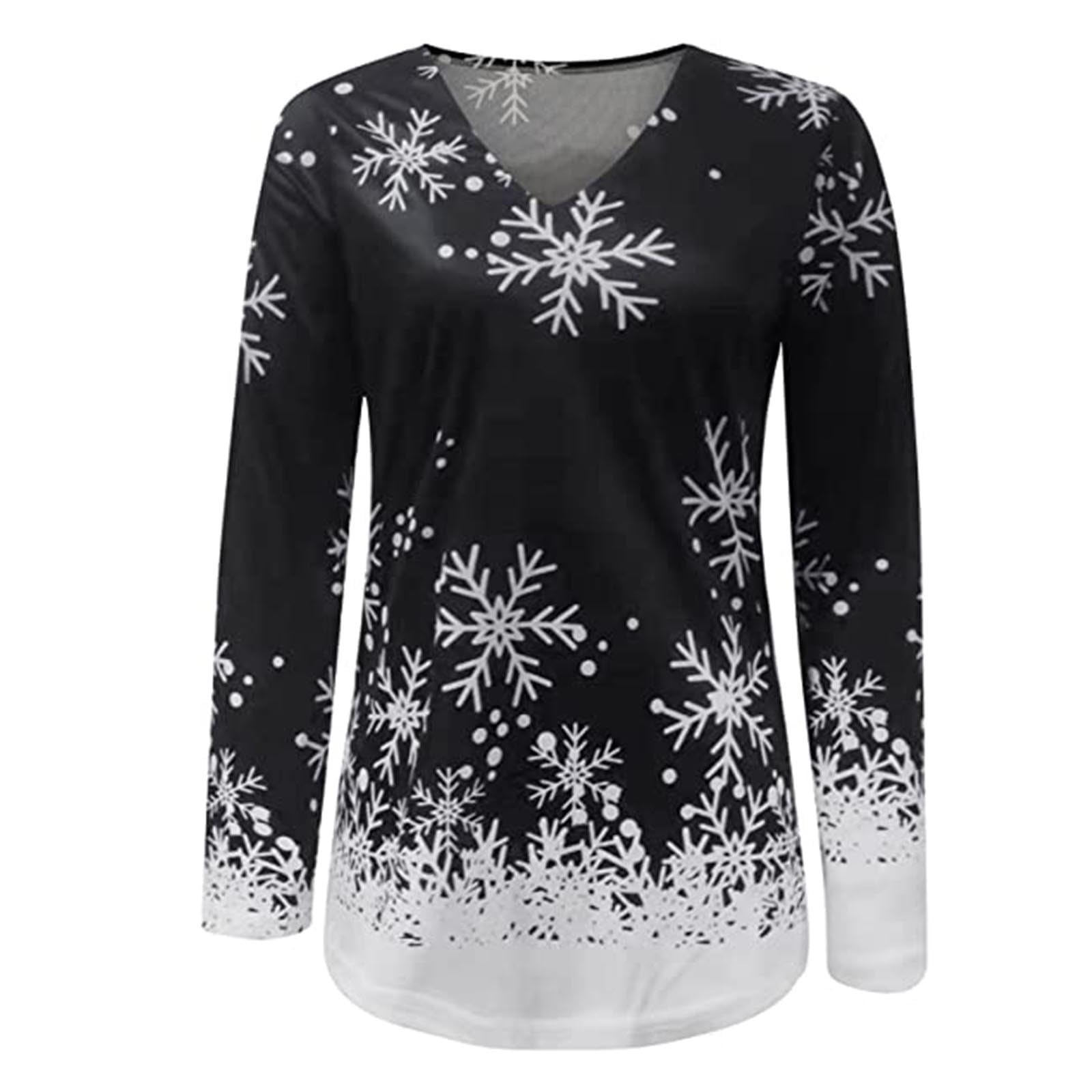 jovati Christmas Sparkly Snowflake Print Tops,Women V Neck Long Sleeve Tshirts Casual Plus Size New Year Party Sweatshirt