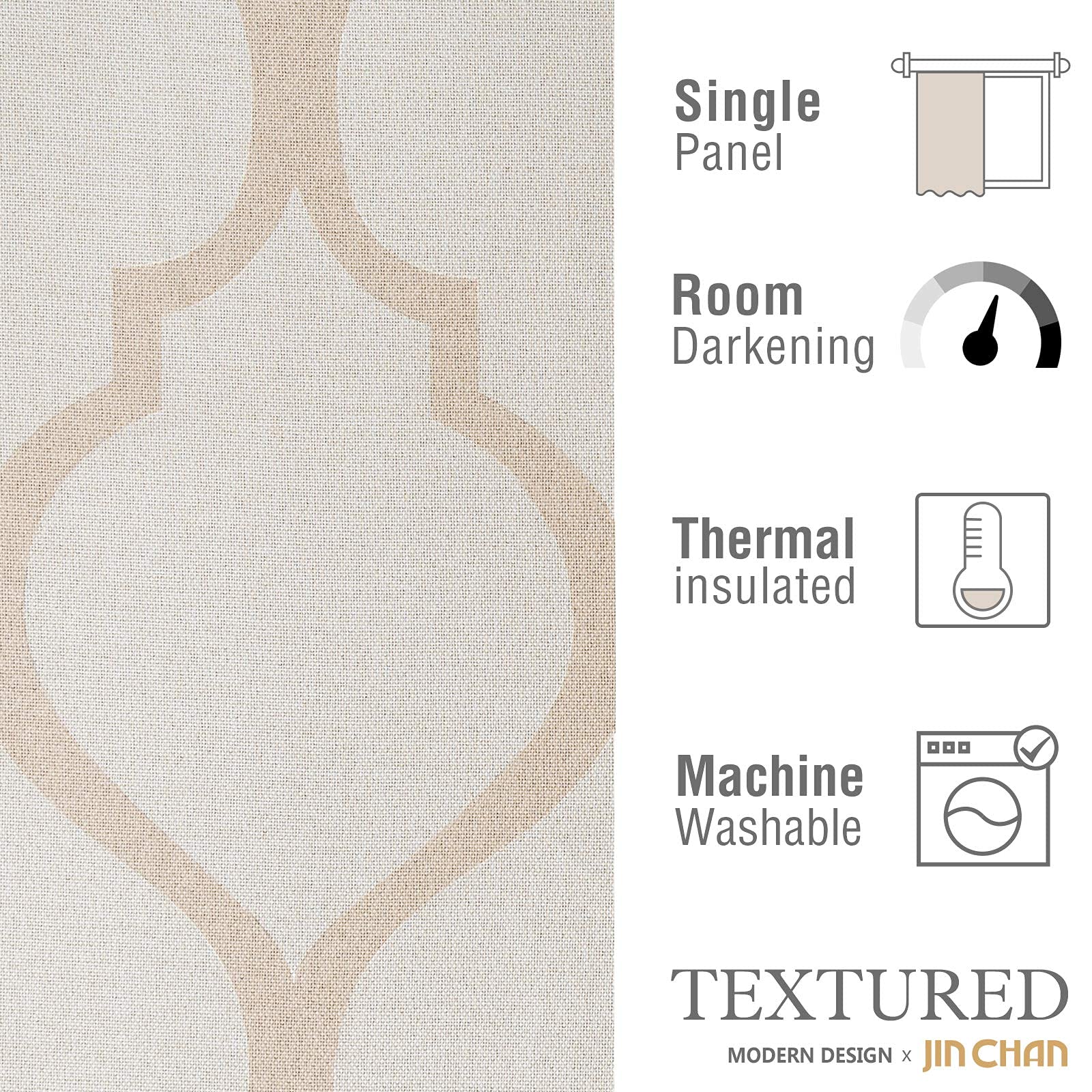 jinchan Moroccan Tile Linen Textured Curtains Printed Curtain Panel Bedroom Living Room Thermal Insulated Window Treatment 1 Panel 45 Inch Beige