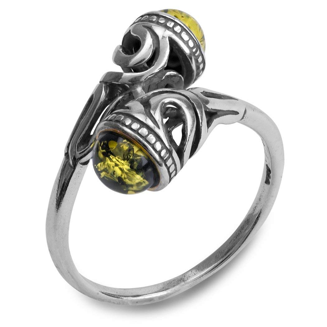 Ian and Valeri Co. Green Amber Sterling Silver Round Adjustable Ring