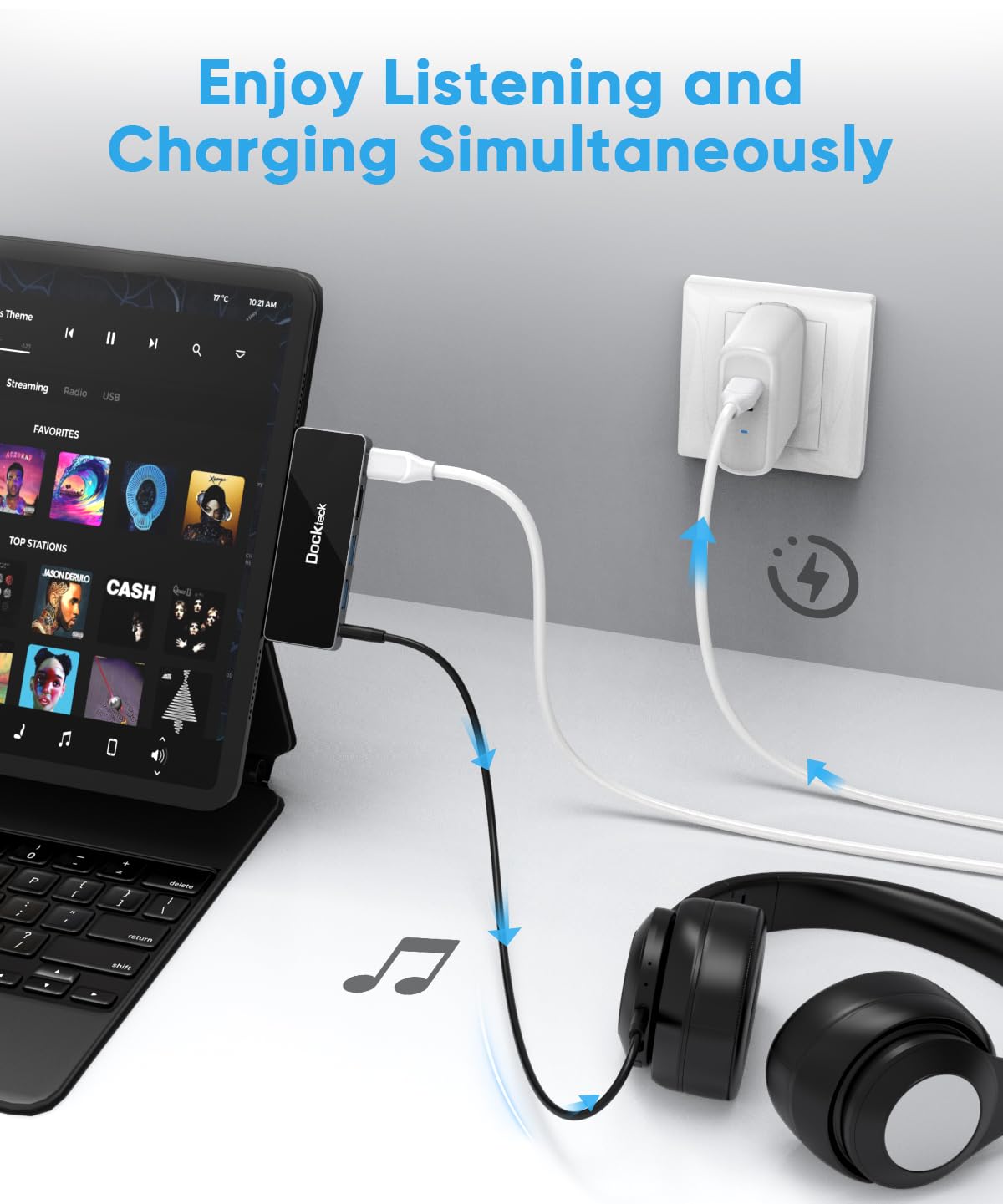 iPad Pro USB C Hub Adapter, Dockteck 5 in 1 Dongle with 4K@60Hz HDMI, Type C to 3.5mm Audio Headphone Jack, 100W PD and 2 USB 3.0 for iPad Pro 2021 2020 M1 12.9/11, iPad Air 5/4, Mini 6