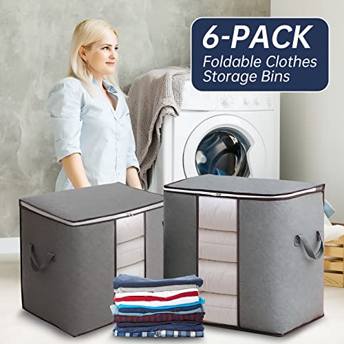 VIEWSHINE 6-Pack Large Capacity Clothes Storage Bags, Foldable Closet Organizer Storage Container with Clear Window, Sturdy Zipper and Reinforced Handle, Thick Fabric Storage Bags for Clothes, Comforters, Blankets, Quilts, Bedding and Toys, 90L, Grey