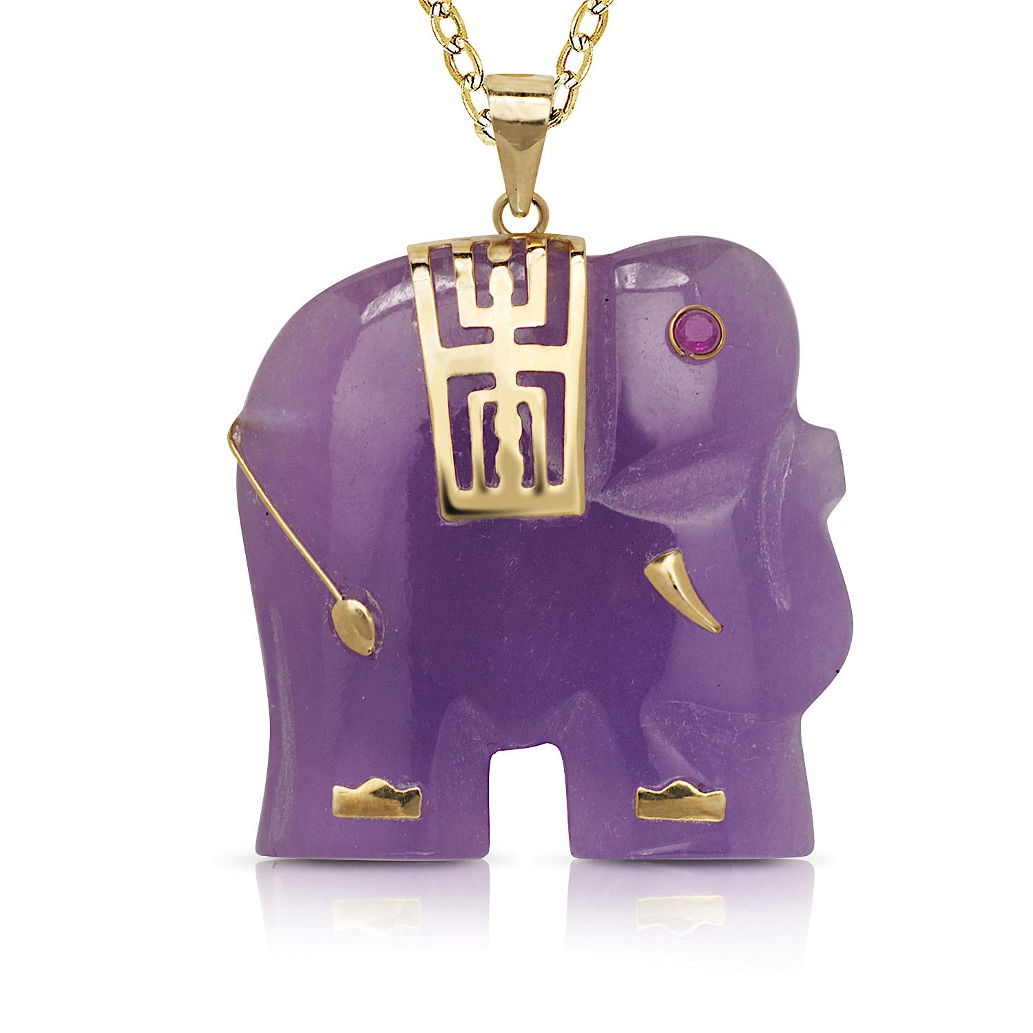 JewelryWeb 14k Gold Lavendar Jade or Blue Lapis Good Luck Elephant Necklace (22mm x 30mm) (Purple)