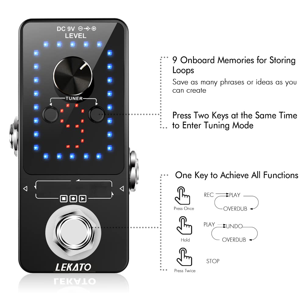 LEKATO Guitar Effect Pedal Guitar Looper Pedal Tuner Function Looper Loops 9 Loops 40 minutes Record Time with 1/4 Inch Professional Guitar Cable(10 ft) for Electric Guitar,Bass,Amp,Keyboard,Mixer
