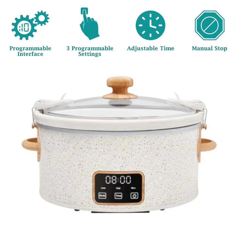 The Pioneers Womans Programmable 6 Qt Digital Slow Cooker with Locking Lid, Touchscreen Controls, Dishwasher Safe, Perfect for Potlucks, Family Meals, Spill-Free Transport (Teal Speckle)