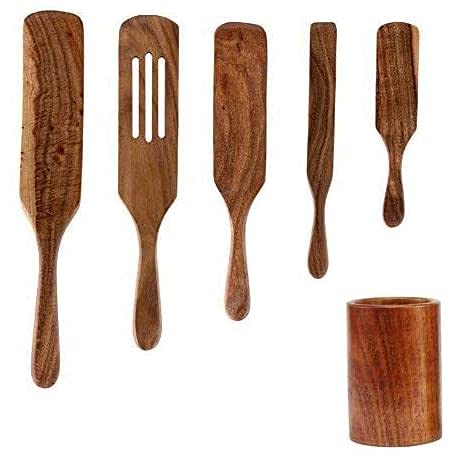 Jinxiao Wood Spurtles Kitchen Tools Set with Holders,5 Pcs Natural Teak Wooden Utensils for Non Stick Cookware and Instant Pot For Steak,Salad,butter.