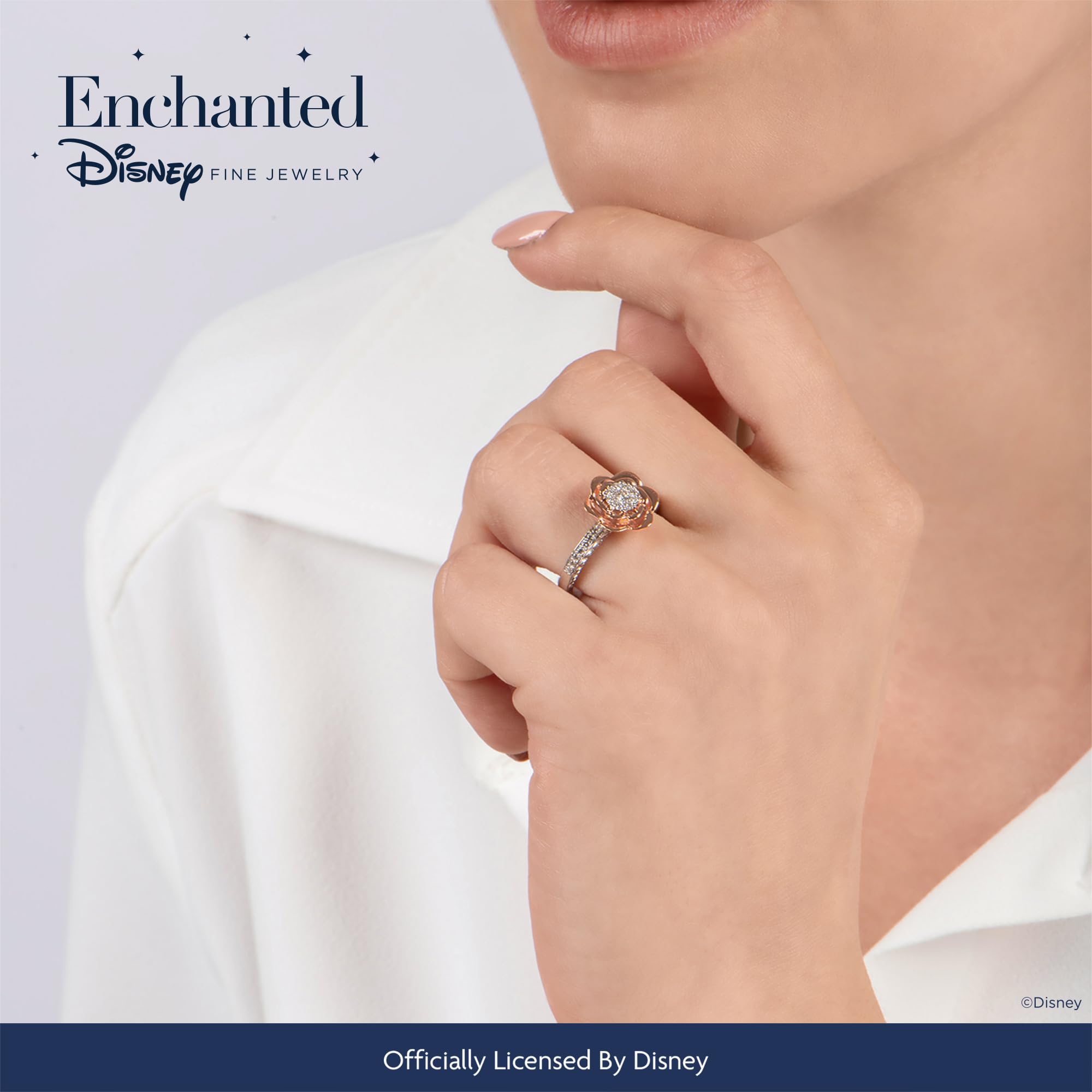 Jewelili Enchanted Disney Fine Jewelry 14K Rose Gold Over Sterling Silver 1/4 Cttw Belle Rose Composite Ring, Size 8