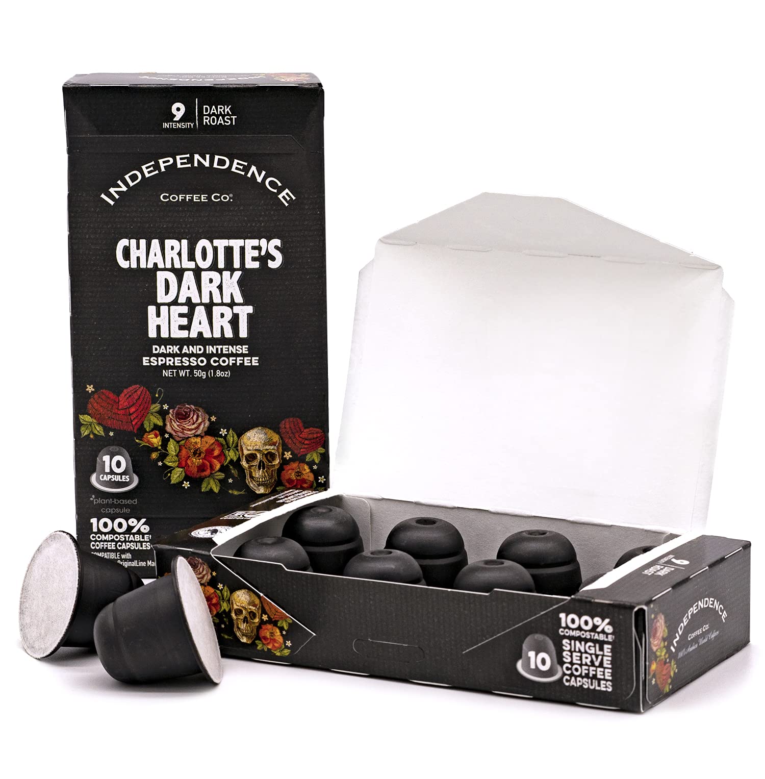 Independence Coffee Co. Nespresso Compatible Capsules, Compostable Plant Based Coffee Pods, Charlotte's Dark Heart, Dark and Intense Espresso Coffee, 10 Count (Pack of 6) - Compatible with Nespresso OriginalLine Espresso Makers