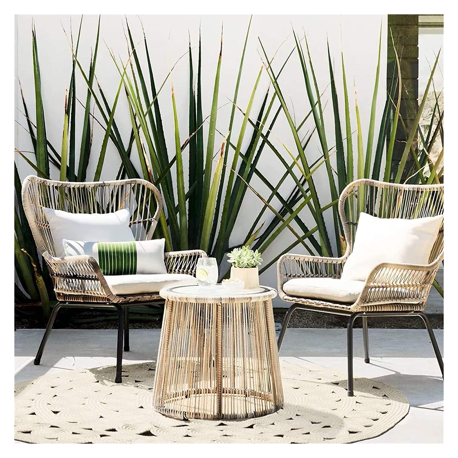 HAVMAK Outdoor Meeting Conversation Coffee Table Set, Outdoor Leisure Table and Chair Combination Courtyard Terrace Three-Piece Wicker Coffee Table Garden Rattan Sets