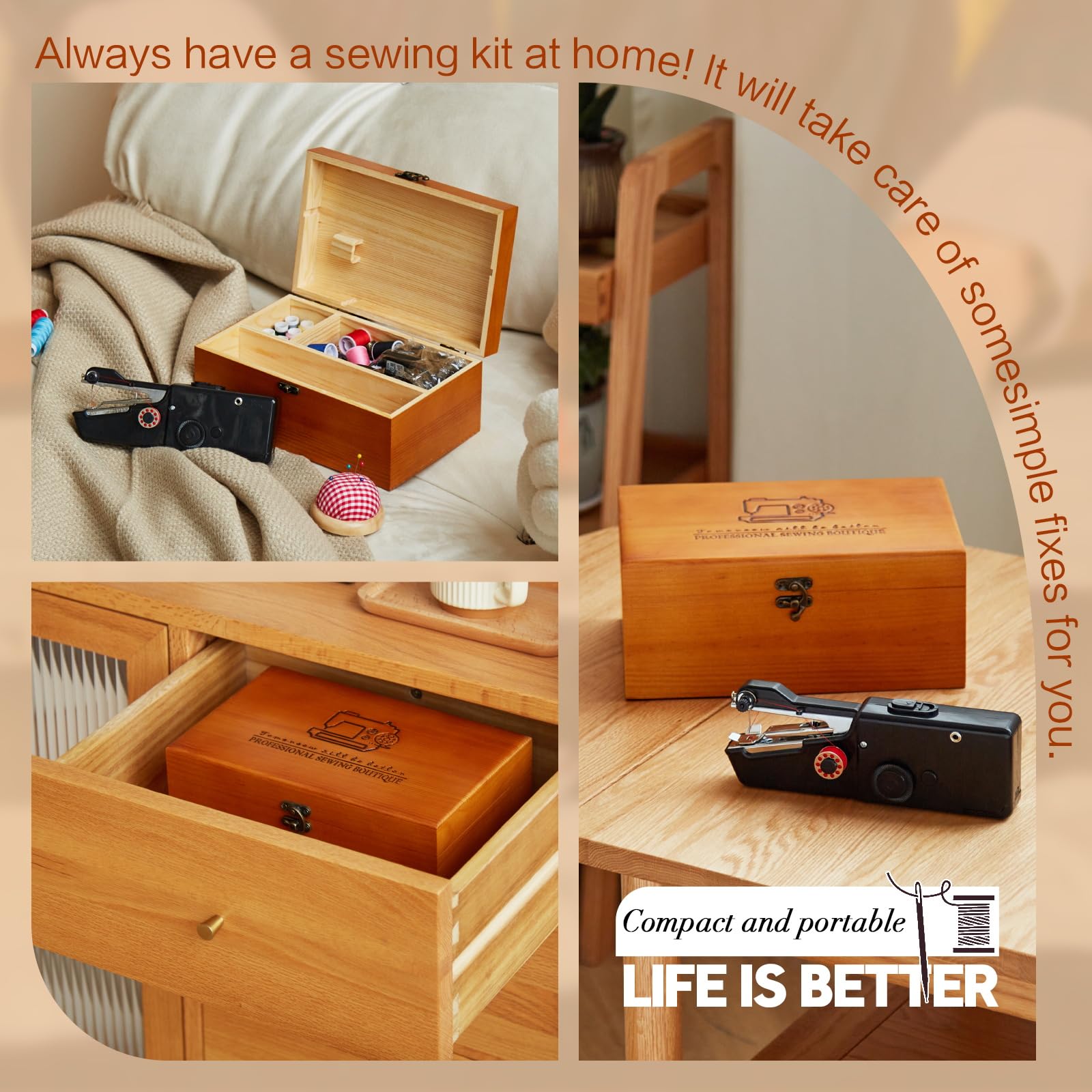 Handheld Sewing Machine, Hand Sewing Machine, Hand Held Sewing Device, Mini Portable Adult Beginner Sewing Kit, Wooden Sewing Box with 153 Pcs Sewing Supplies