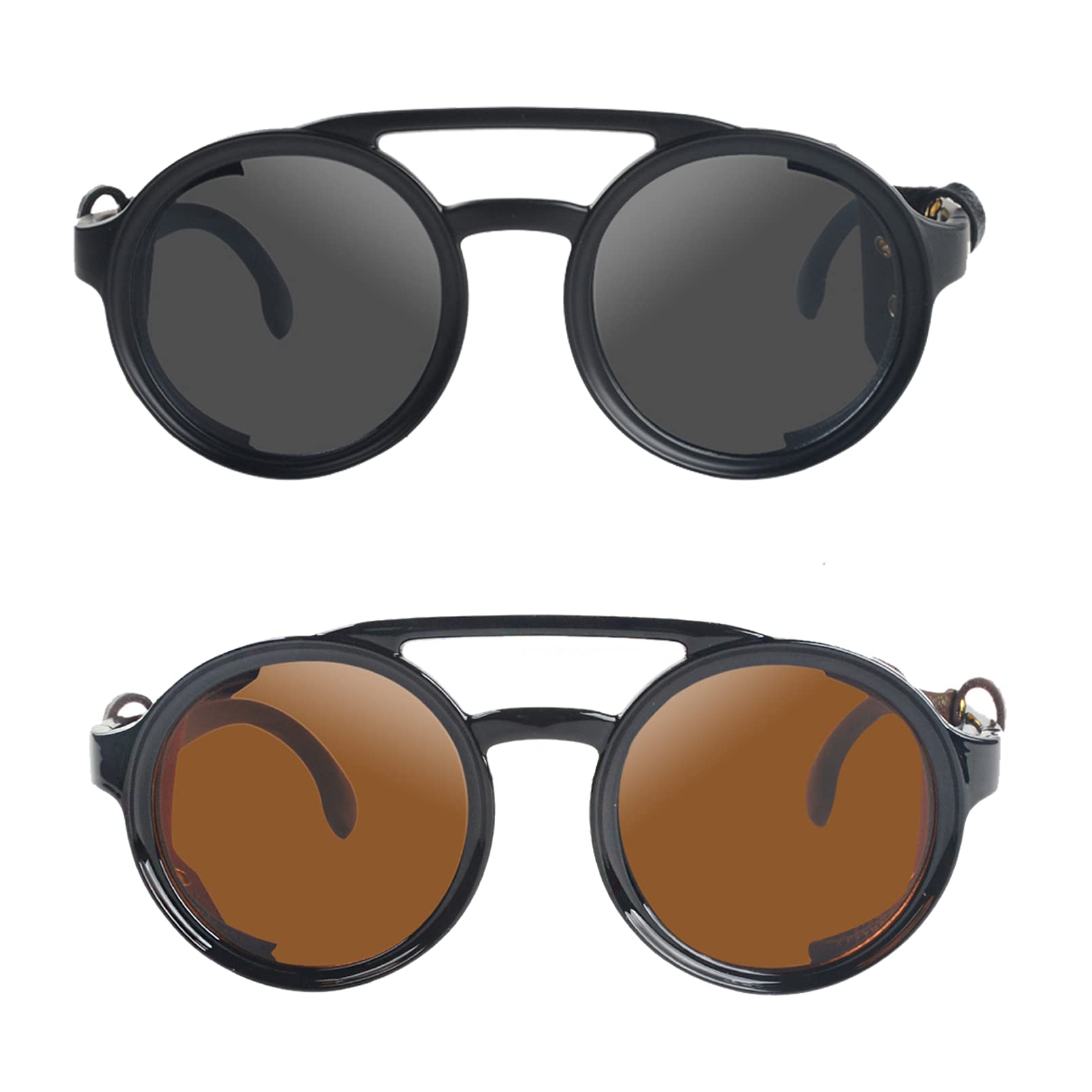 KEITHION Steampunk Style Round Vintage Sunglasses Retro Eyewear For Men Women With Leather Side Glasses (2pack-oneblack+onebrown)