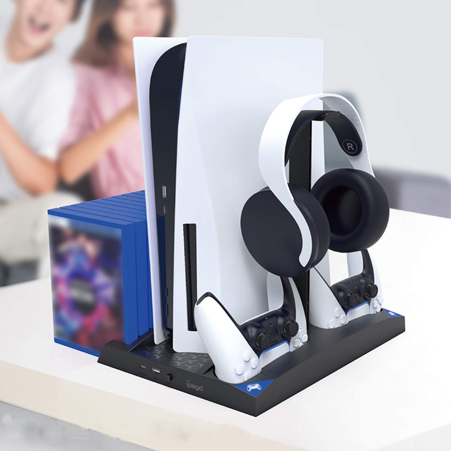 ipega PG-P5013 Cooling Fan Charging Station Dual Controller Charger with Cooling Fan Controller, LED Charging Base, Headset Stand, Game Card Storage, for PS5 Game Host Accessories