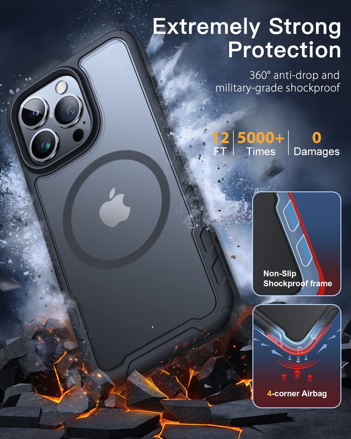 Humixx Magnetic Designed for iPhone 13 Pro Max Case, [12FT Mil-grade Drop Tested] [Compatible with MagSafe]Shockproof Translucent Matte Slim Protective Case for iPhone 13 Pro Max Phone Case 6.7" Black