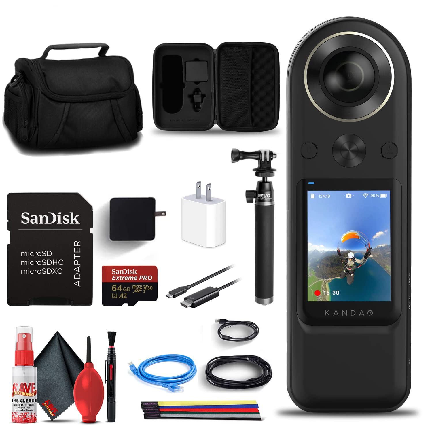 KanDao QooCam 8K Enterprise 360 Camera (247129) + 64GB Card + Adjustable Selfie-Stick + Small Bag + USB-C to HDMI Cable + USB-C Adapter + Network Cable + Straps + Cleaning Kit