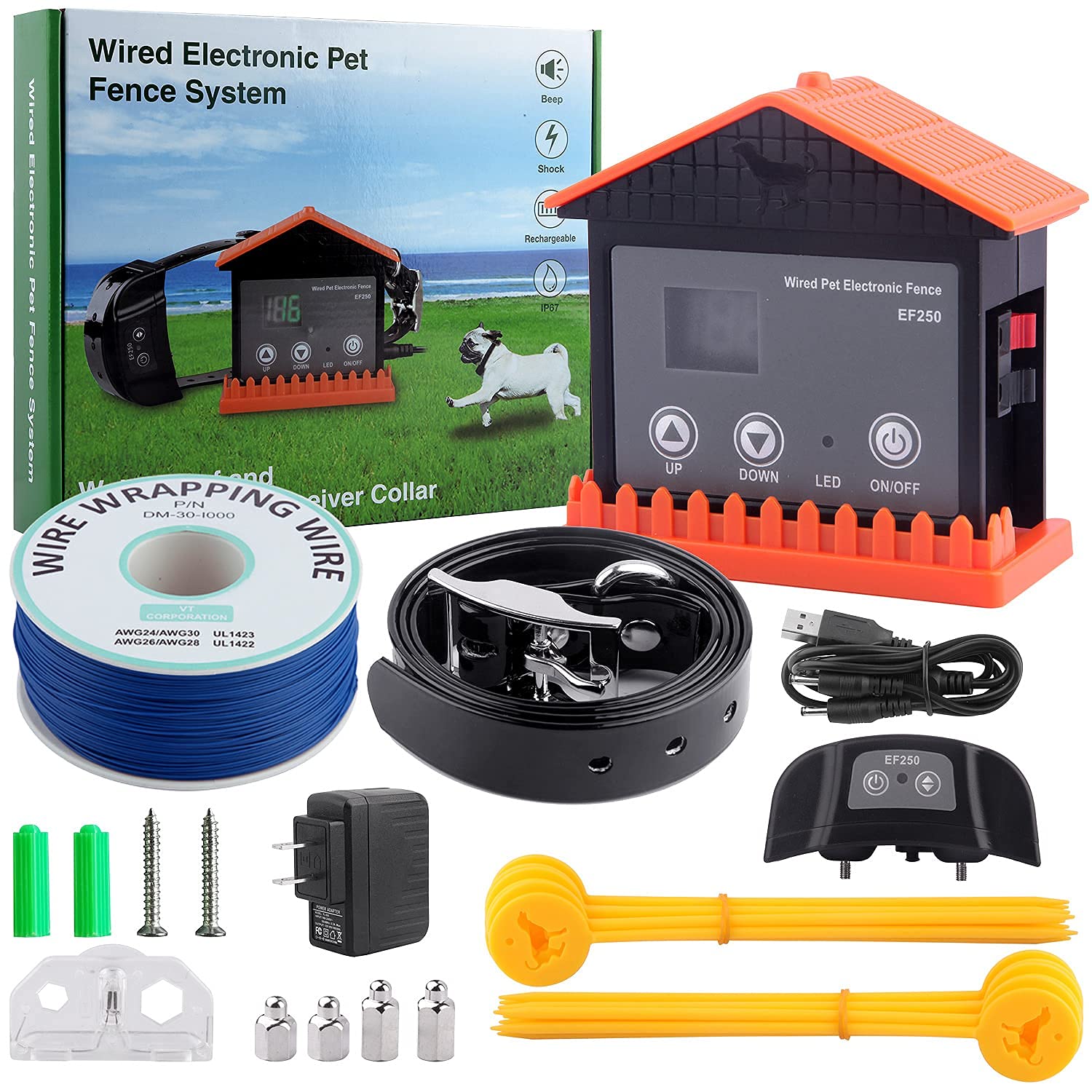 In-Ground Dog Fence System for Dogs and Cats, Underground Wired Electric Pet Fence Containment System with Waterproof & Rechargeable Training Collar (1 Set)