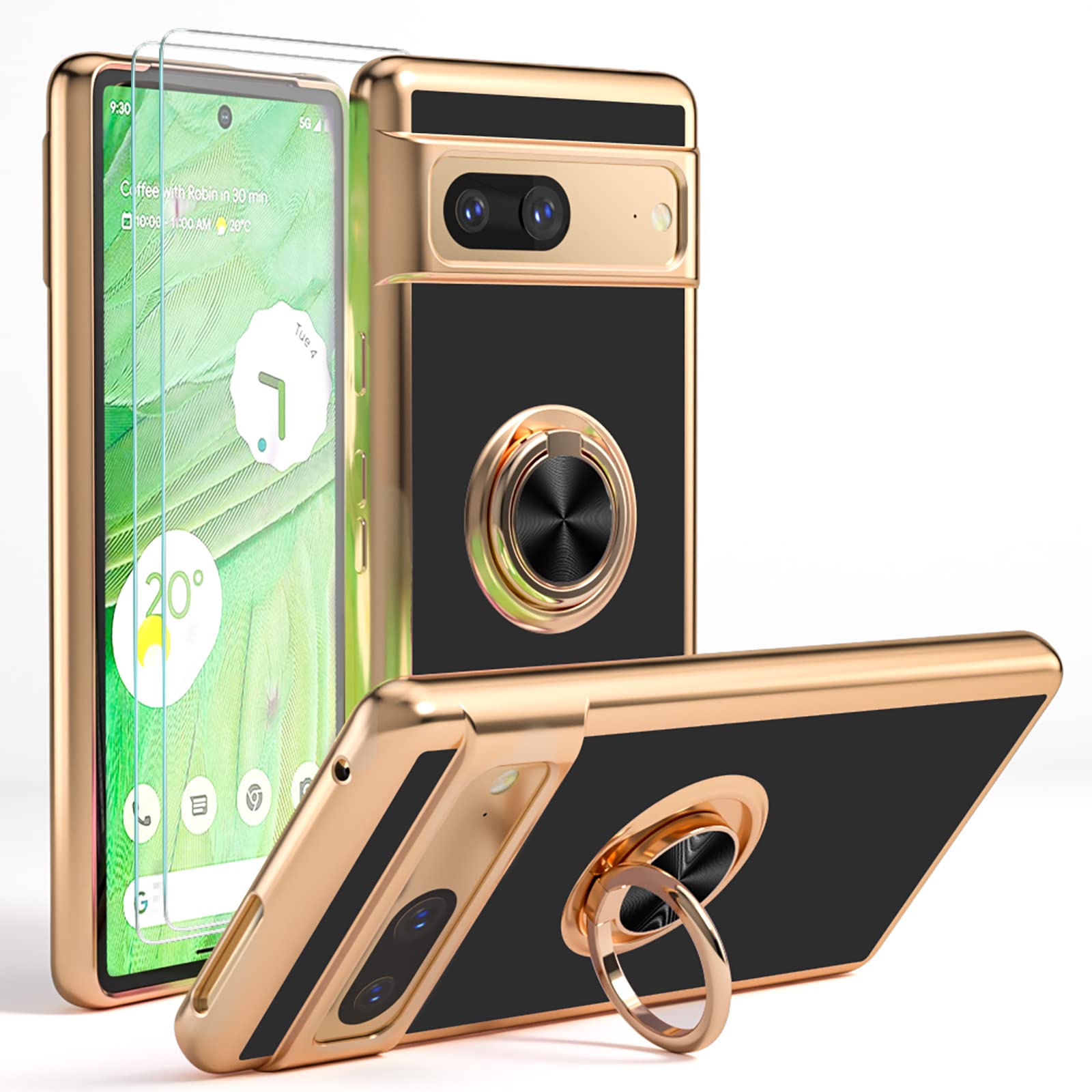 Jasmeas Case Compatible with Google Pixel 7 with 2 Screen Protector, with Ring Holder Plating Rose Gold Edge 360°Kickstand Cover Slim Soft Flexible TPU Protective Phone Cases for Women - Black