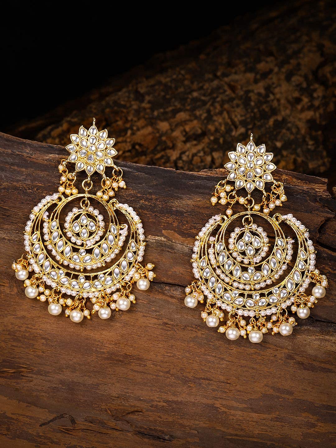 I Jewels Gold Plated Indian Wedding Bollywood Chandbali Kundan & Pearl Earrings for Women (E7077W)