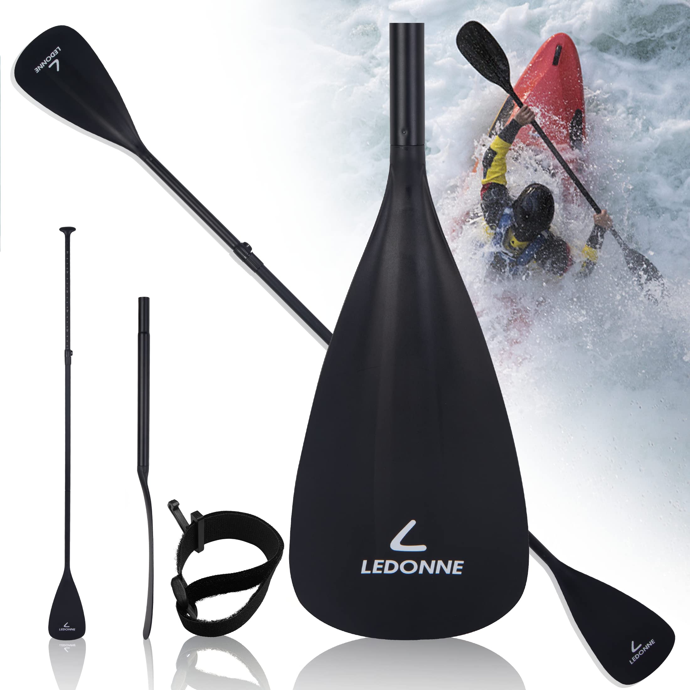 LEDONNE SUP Paddle 4-Piece Adjustable Stand Up Paddle Floating Lightweight Portable Kayak Paddle Paddleboard Oar with Aluminum Alloy Shaft, 2 Nylon Blades, Hook&Loop for Floating Water Sport, Black