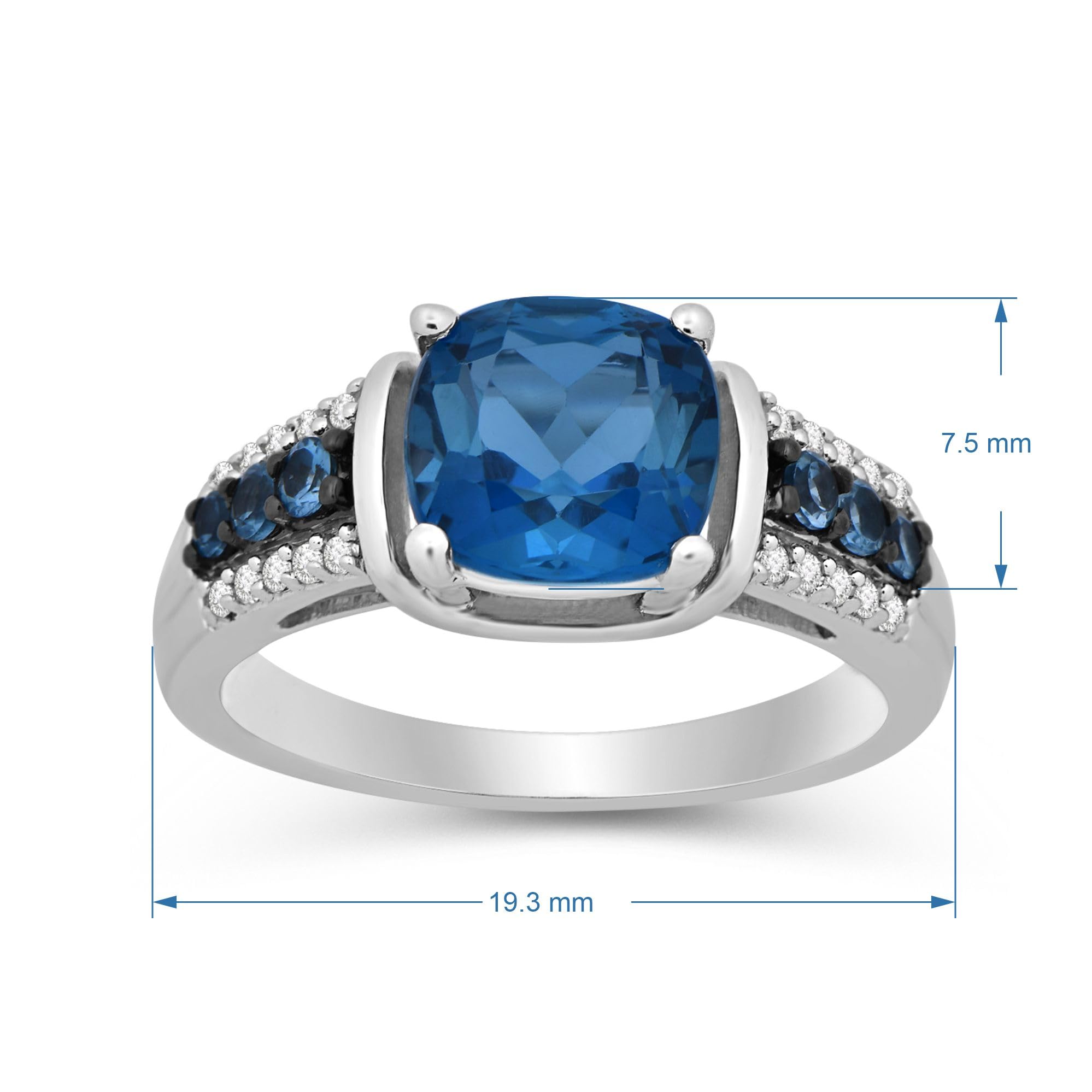 Jewelili Sterling Silver 8x8 MM Cushion and Round Cut London Blue Topaz with Round Created White Sapphire Ring, Size 7