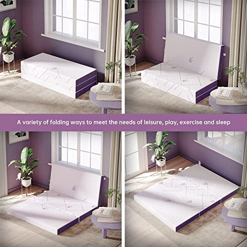 TeQsli Folding Mattress Twin Size, 4-Inch Foldable Mattress, Tri-Fold Gel Memory Foam Mattress with Washable Cover, Portable Mattress for Traveling, Camping, Guest Bed
