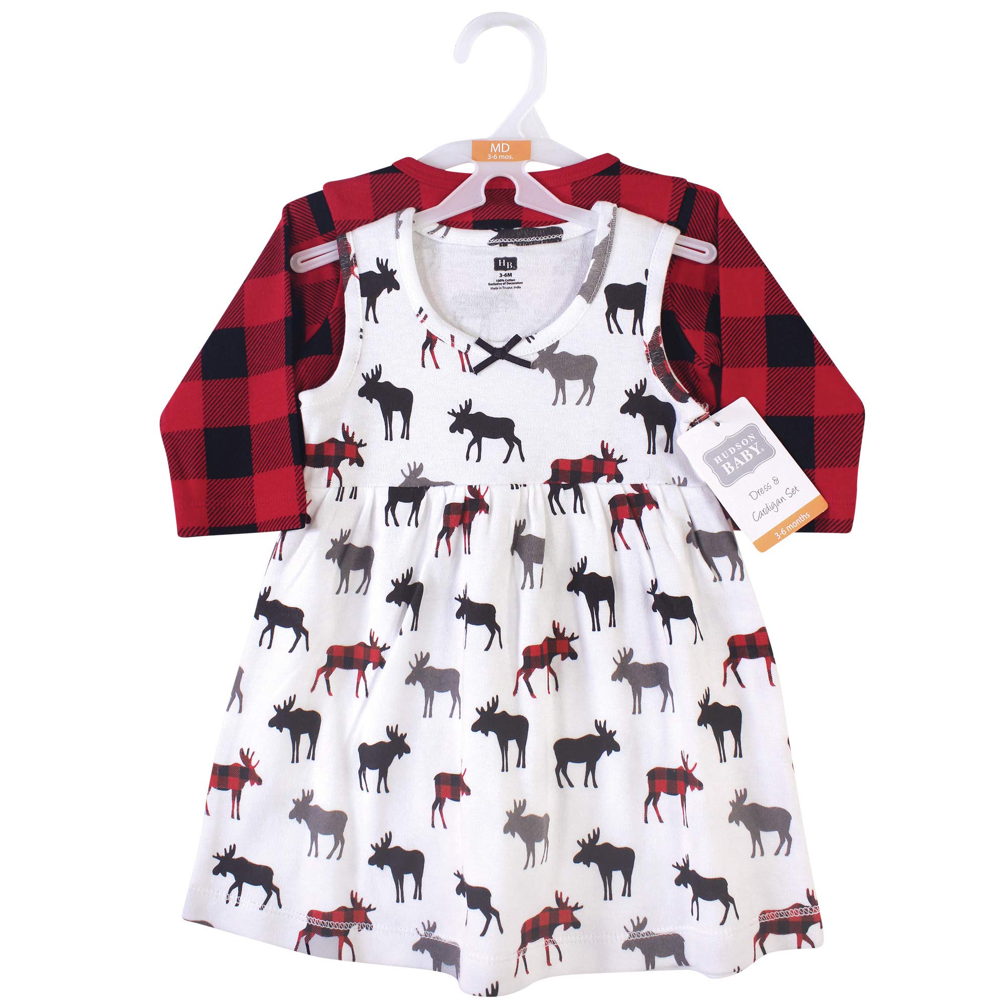 Hudson Baby Girls' Cotton Dress and Cardigan Set, Buffalo Plaid Moose, 6-9 Months