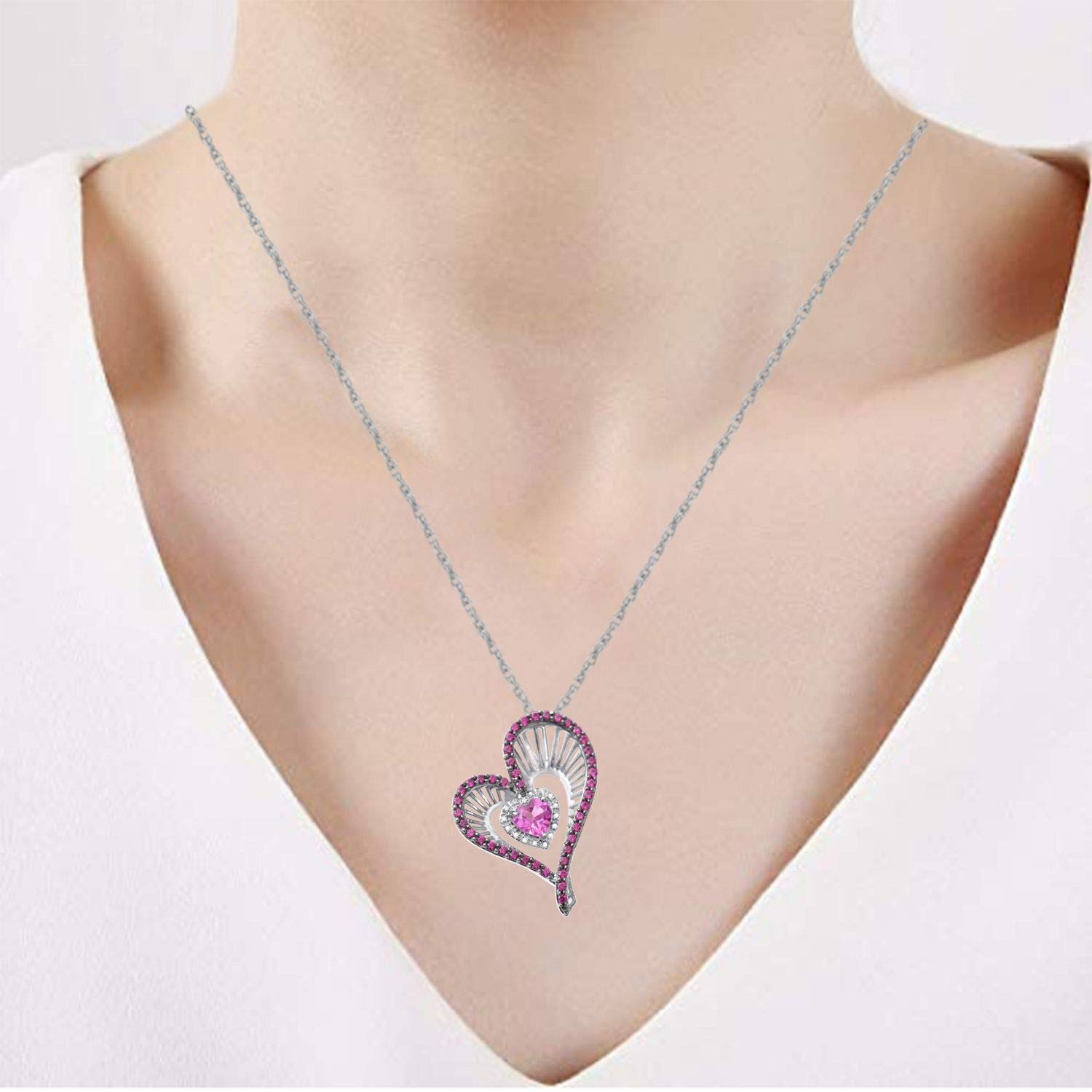 Jewelili Sterling Silver 6 MM Heart Shape Created Ruby, Created Pink Sapphire and Natural White Diamond Accent Pendant Necklace, 18" Cable Chain