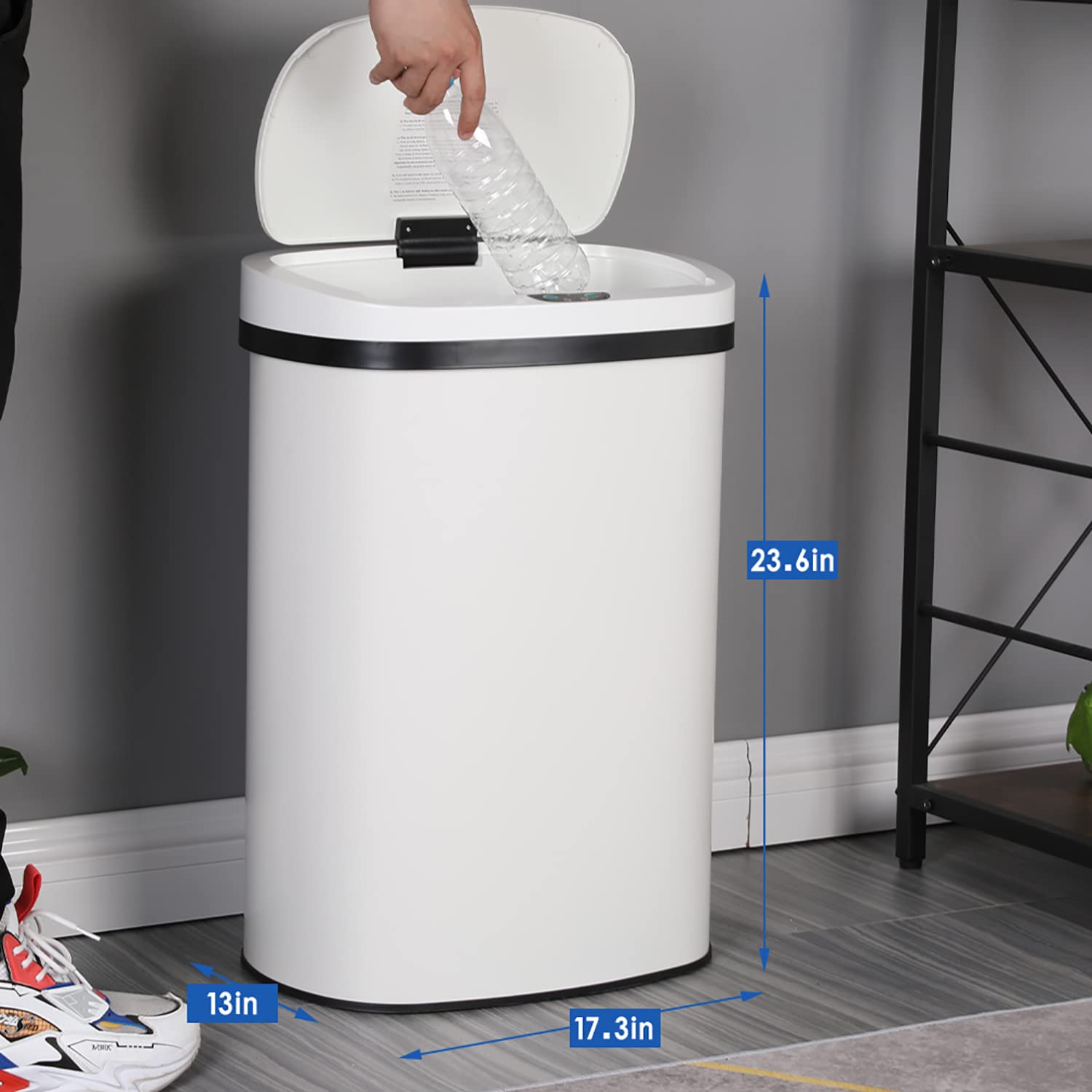 HHS 13 Gallon (50L) Trash Can Stainless Steel Motion Sensor Kitchen Garbage Can with Lid Fingerprint Proof Touch Free High-Capacity Rubbish Bin for Home Kitchen and Office, White…