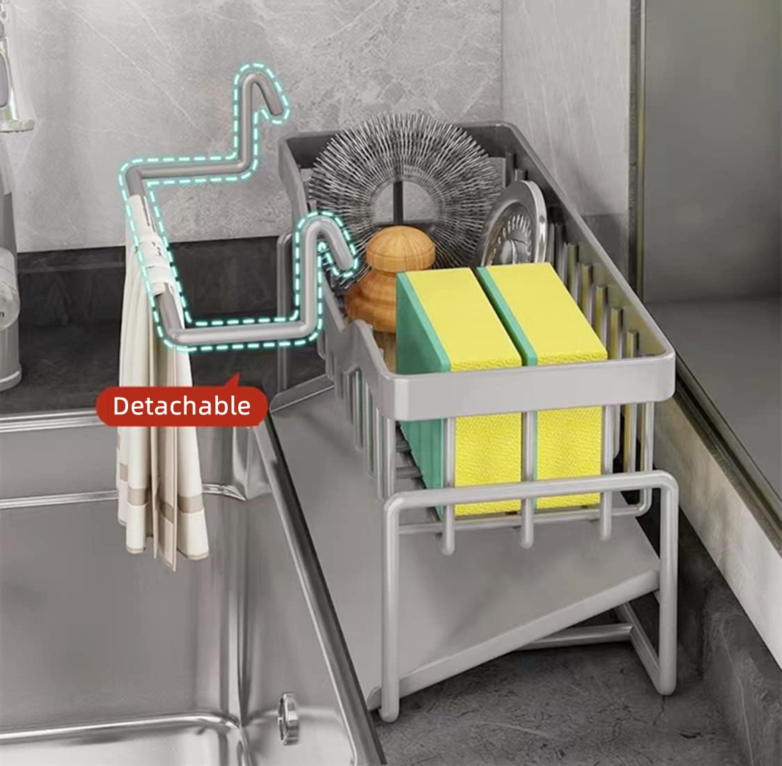 iBigLY Sponge Holder Kitchen Sink Caddy Organizer, 304 Stainless Steel Kitchen Soap Dispenser Caddy Organizer with Auto Drain Tray, Sink Rack for Kitchen & Bathroom Holding Sponge and Towel
