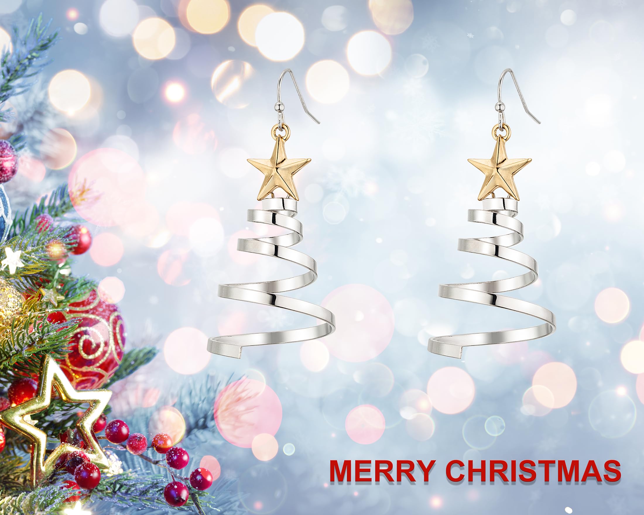 Handmade Christmas Tree Dangle Hoop Earrings Golden Silver Two Tone Women Holiday Gift, Thanksgiving Themed Earrings, Christmas Party Gift