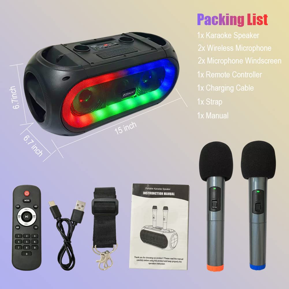 Karaoke Machine with 2 Wireless Microphones for Adults and Kids, Portable Bluetooth Speaker with Party Lights, FM Radio, Remote Control, Rechargeable PA System, Support USB, TF Card, AUX