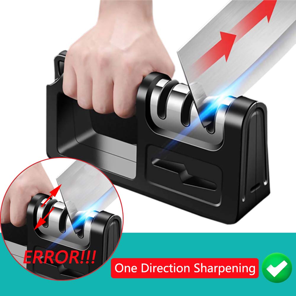 Knife Sharpener, Chef Manual Knife Sharpener, Easy Sharpening, Slip Resistant Grip Sharpener for Knives and Scissors, Safely Sharpen Knives for Kitchen (4-in-1)