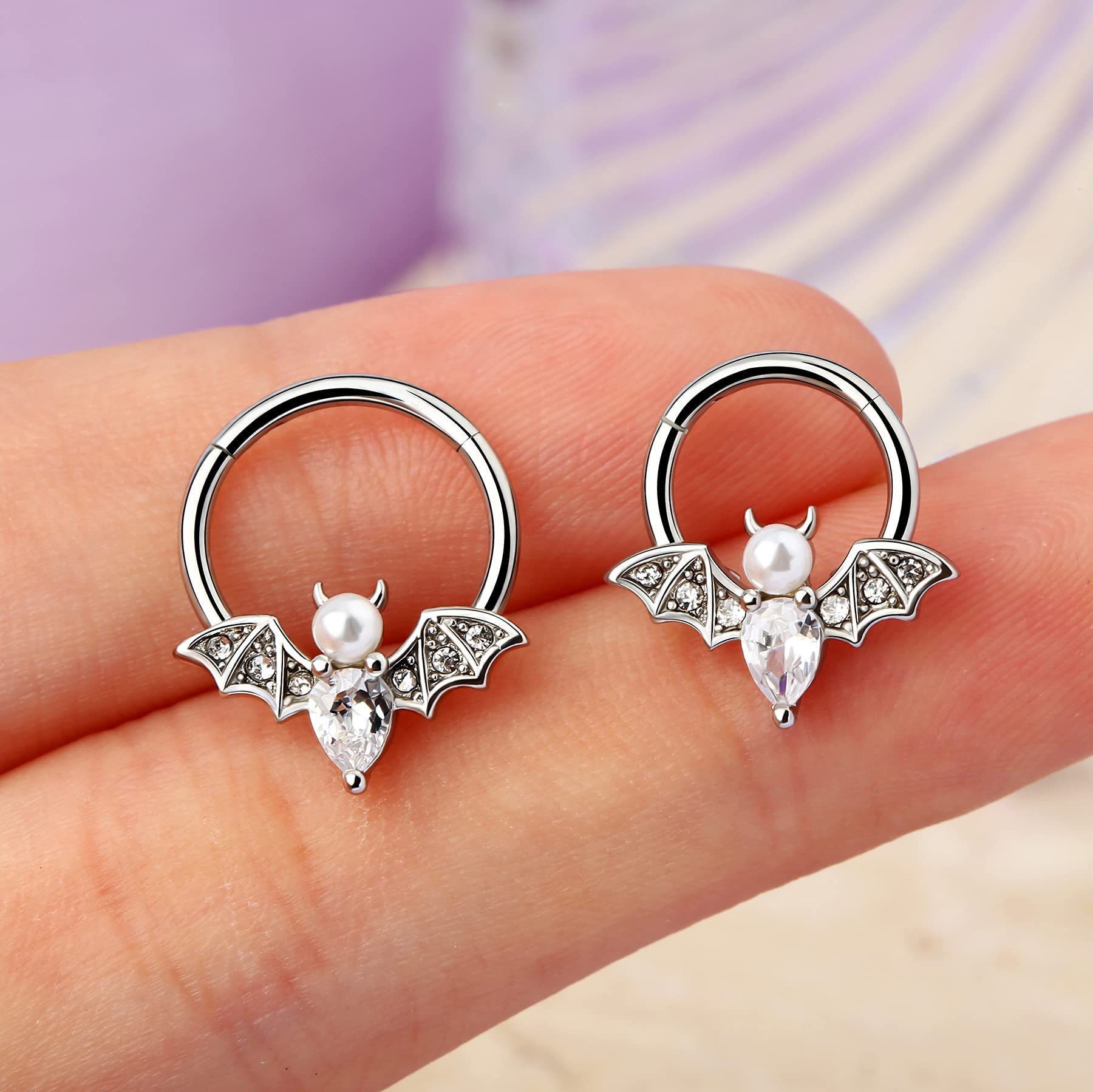 Jewseen Clear Gem Vampire Bat Halloween Hinged Segment Ring Tear CZ Daith Earring Helix Tragus Cartilage Piercing Jewelry