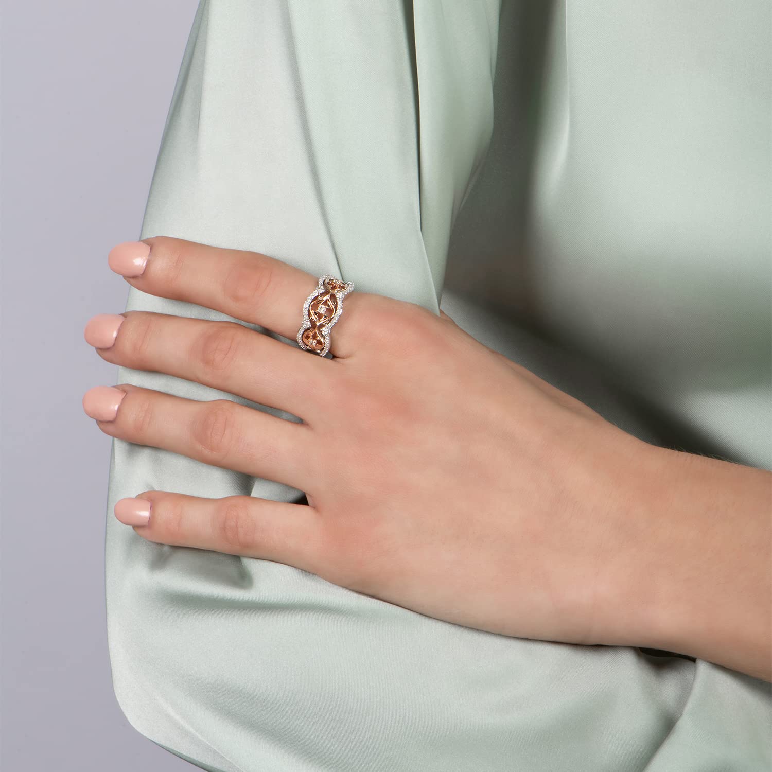 Jewelili Enchanted Disney Fine Jewelry Sterling Silver and 10K Rose Gold with 1/3 Cttw Diamonds Aurora Ring, Size 5